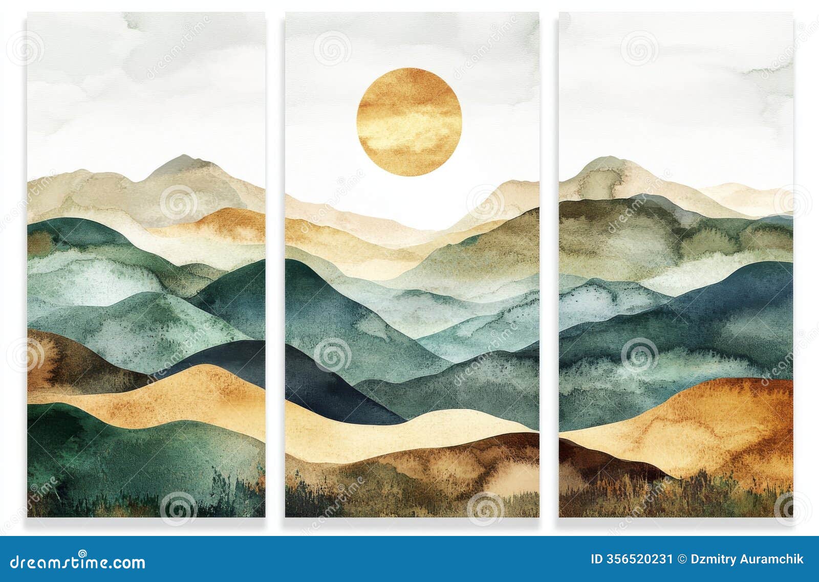 Hand-drawn Watercolor Artwork Featuring Three Landscapes and Mountains ...