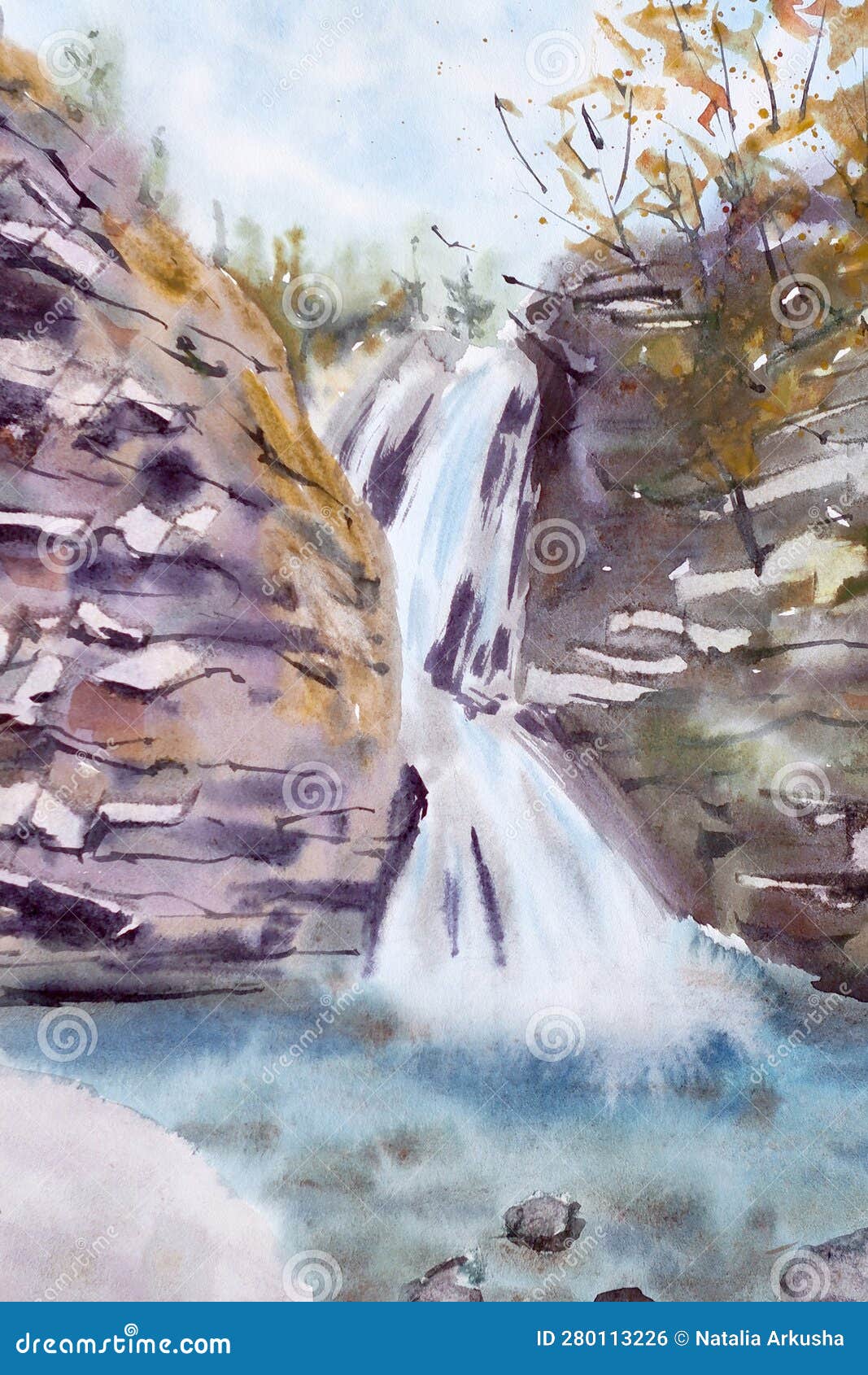Hand-Drawn Watercolor Autumn Illustration Waterfall in the Forest Stock ...