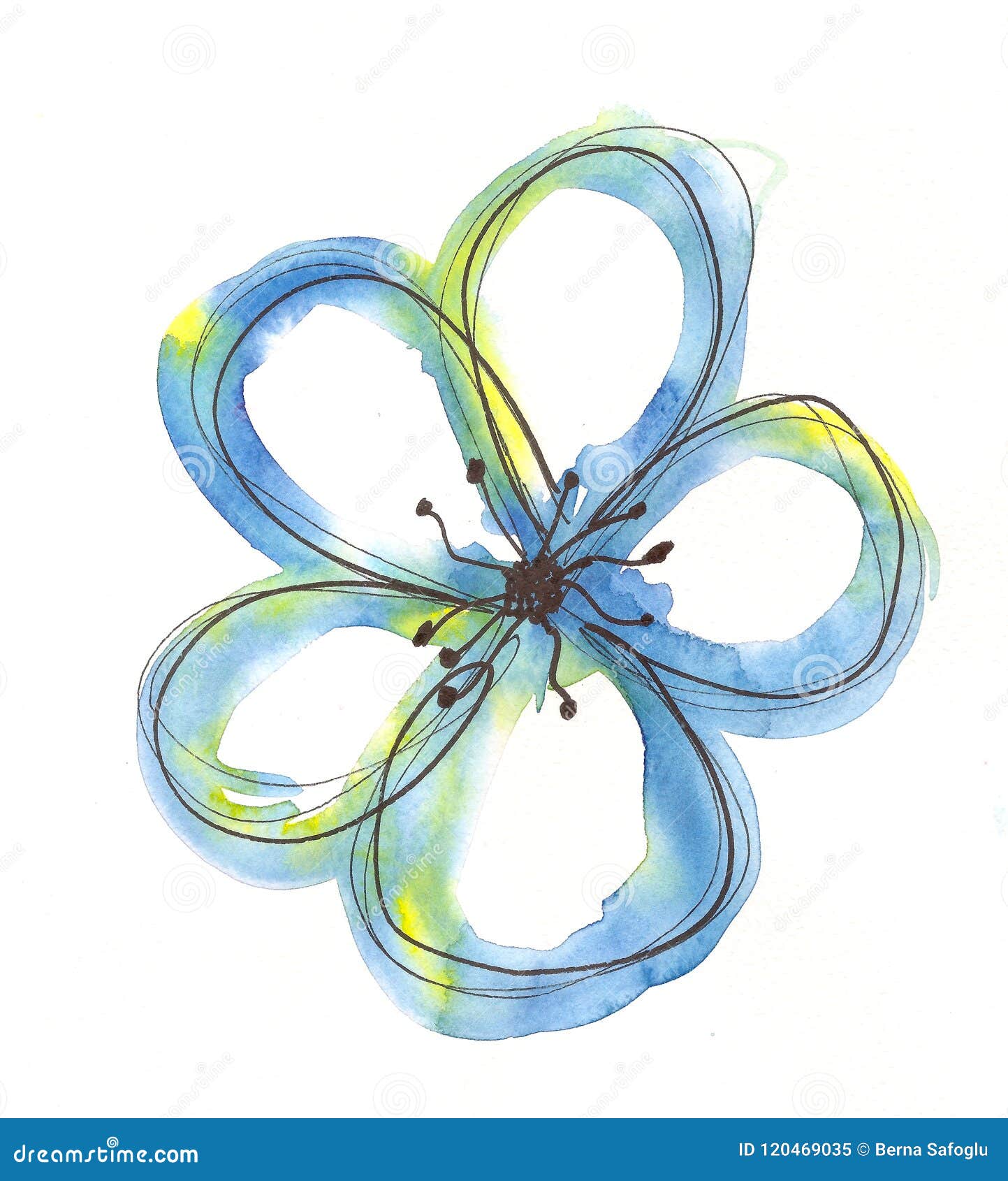 Hand Drawn Watercolor Blue Yellow Flower Stock Illustration ...