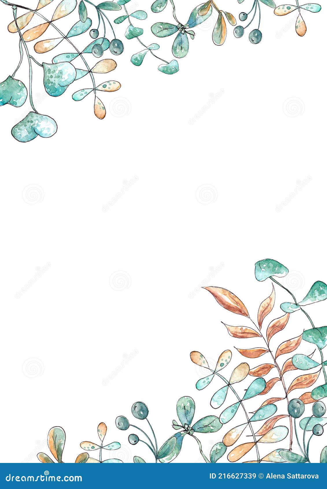 Hand Drawn Watercolor Botanical Frame with Branches. Wedding Invitation ...