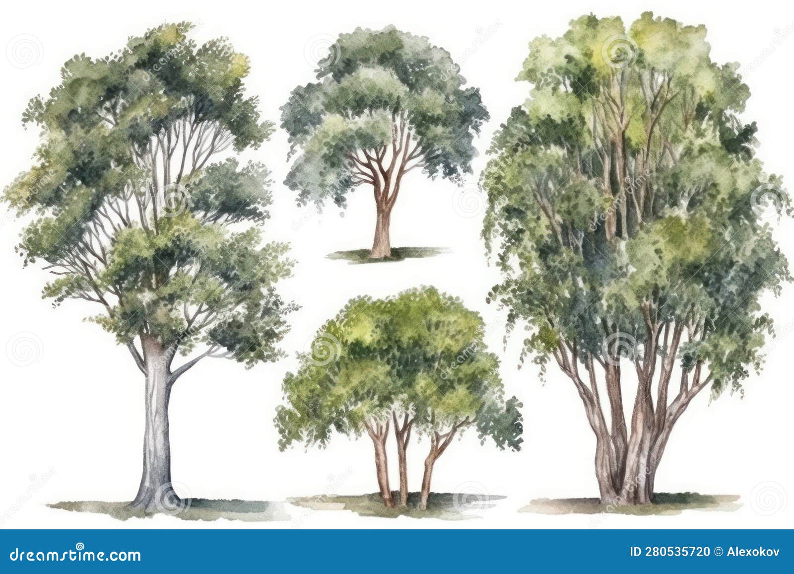 Hand-Drawn Watercolor Collection of Ash Trees for Forest Scenes . Stock ...