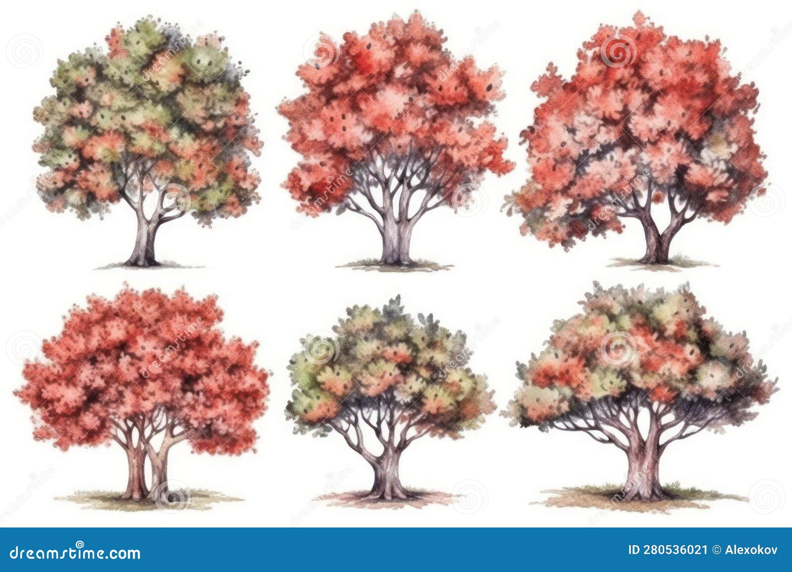 Hand-Drawn Watercolor Collection of Hawthorn Trees in a Forest Pack ...