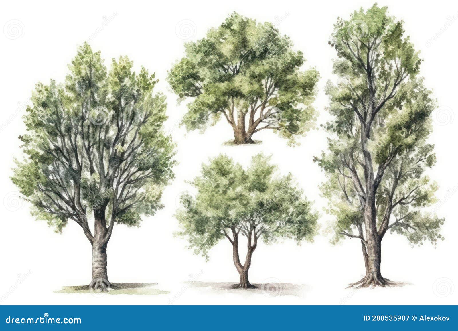 Hand-Drawn Watercolor Elm Trees Collection for Forest Scenes . Stock ...