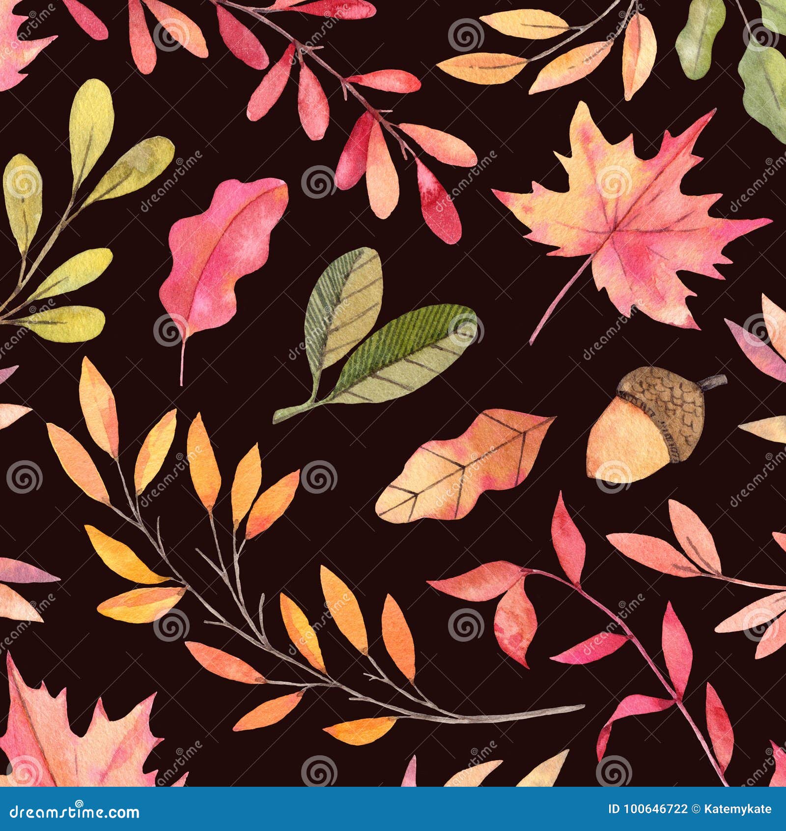 Hand Drawn Watercolor Illustration. Background with Fall Leaves Stock ...