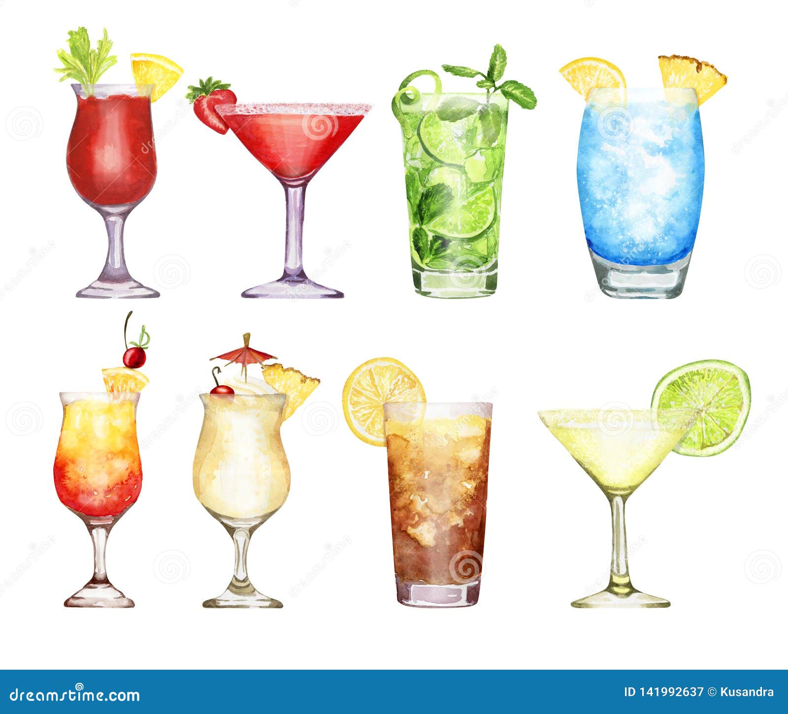 Hand Drawn Watercolor Cocktail Set Isolated On White Background Stock