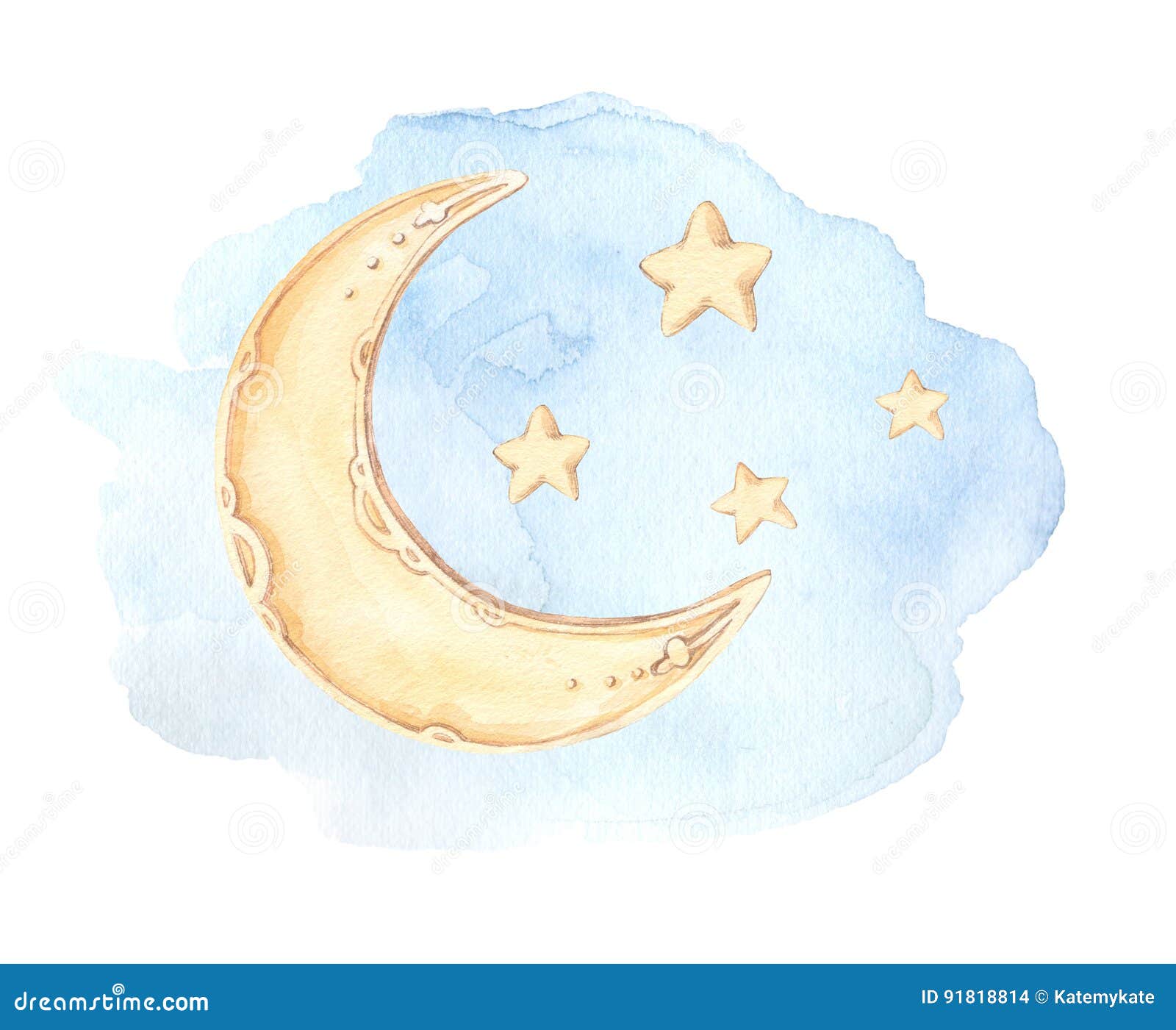 Hand Drawn Watercolor Illustration Good Night Sleeping Moon Stock