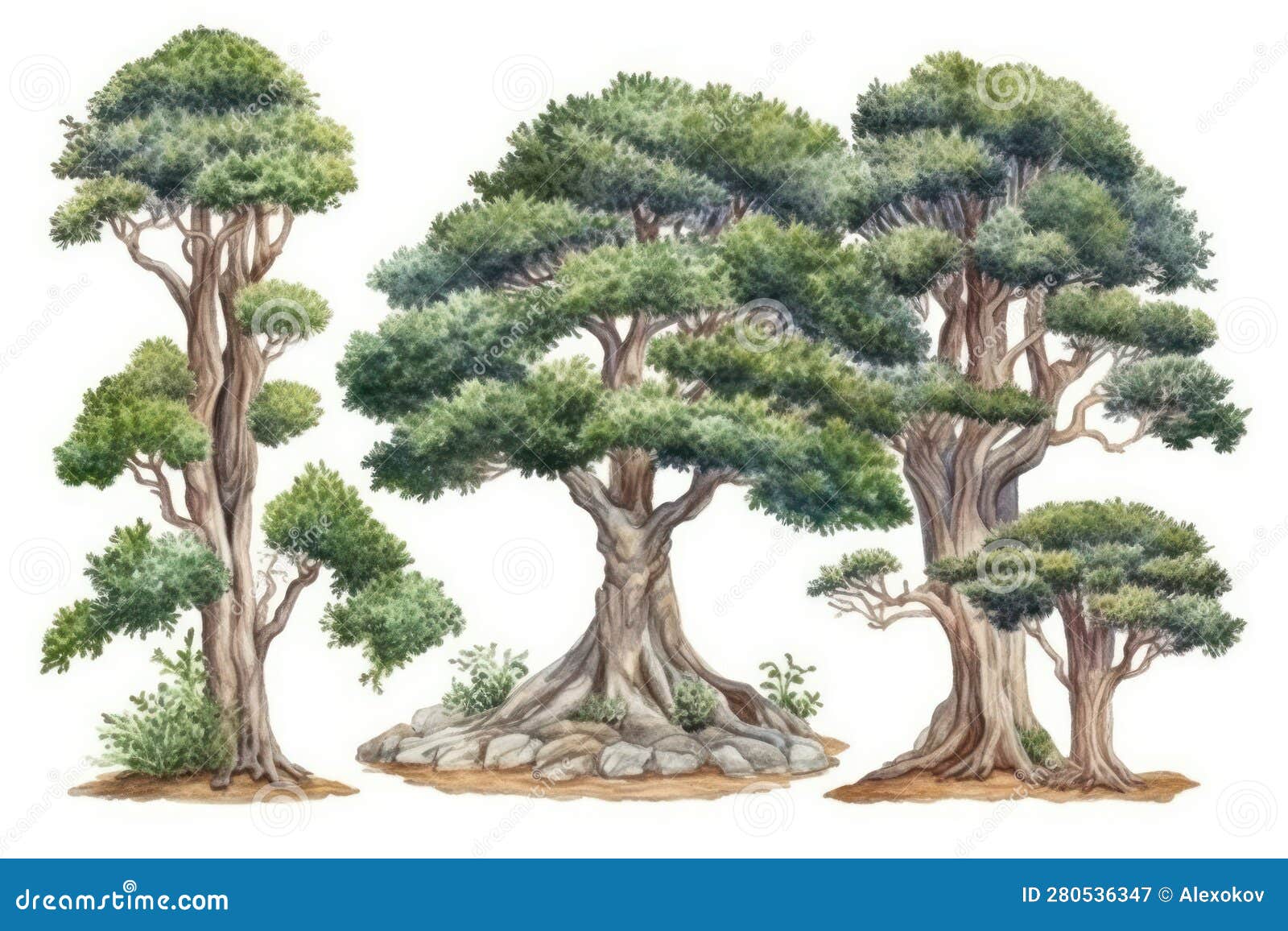 Hand-Drawn Watercolor Juniper Trees Collection: Forest Pack 2 . Stock ...