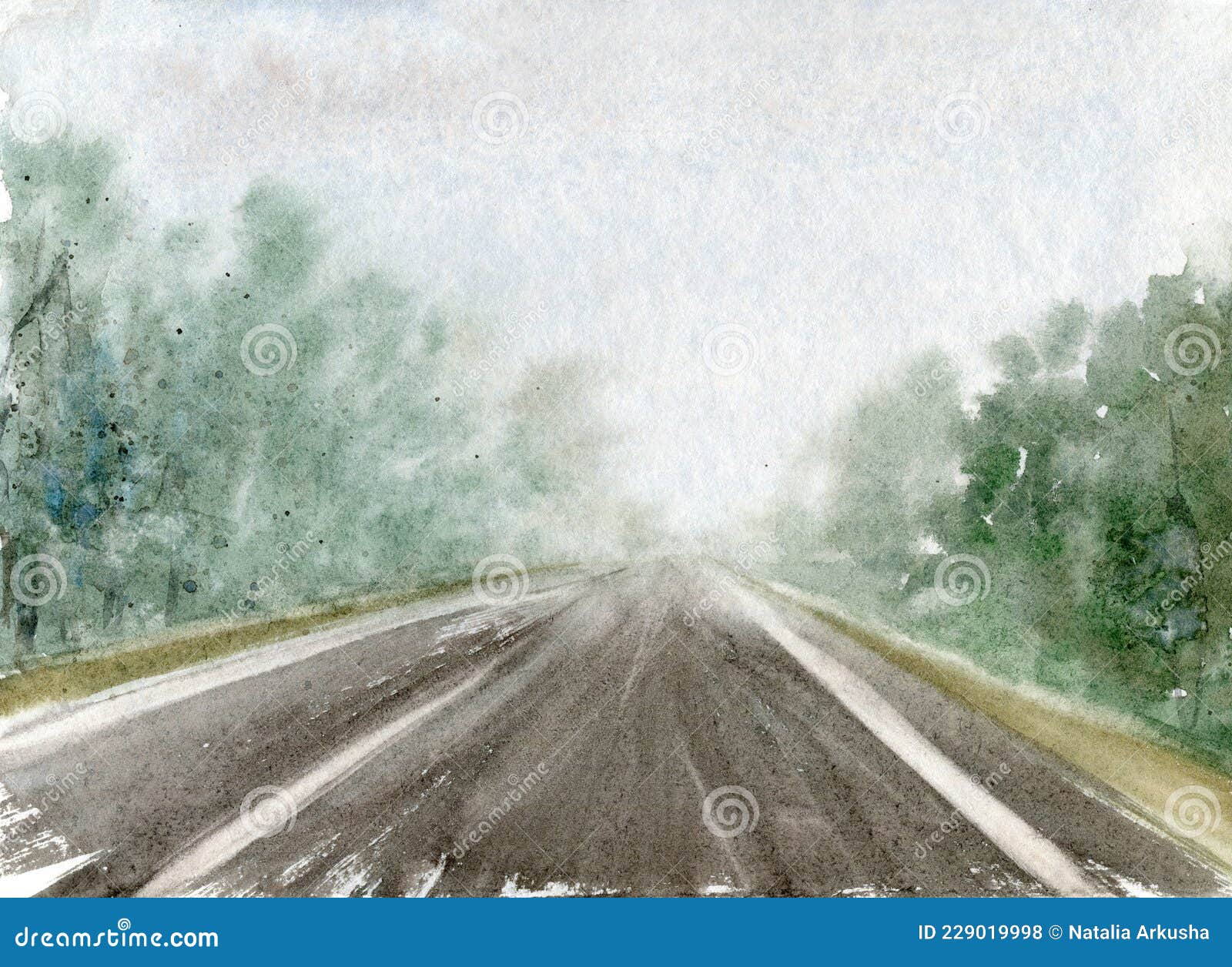 Hand Drawn Watercolor Landscape with Road Stock Illustration ...