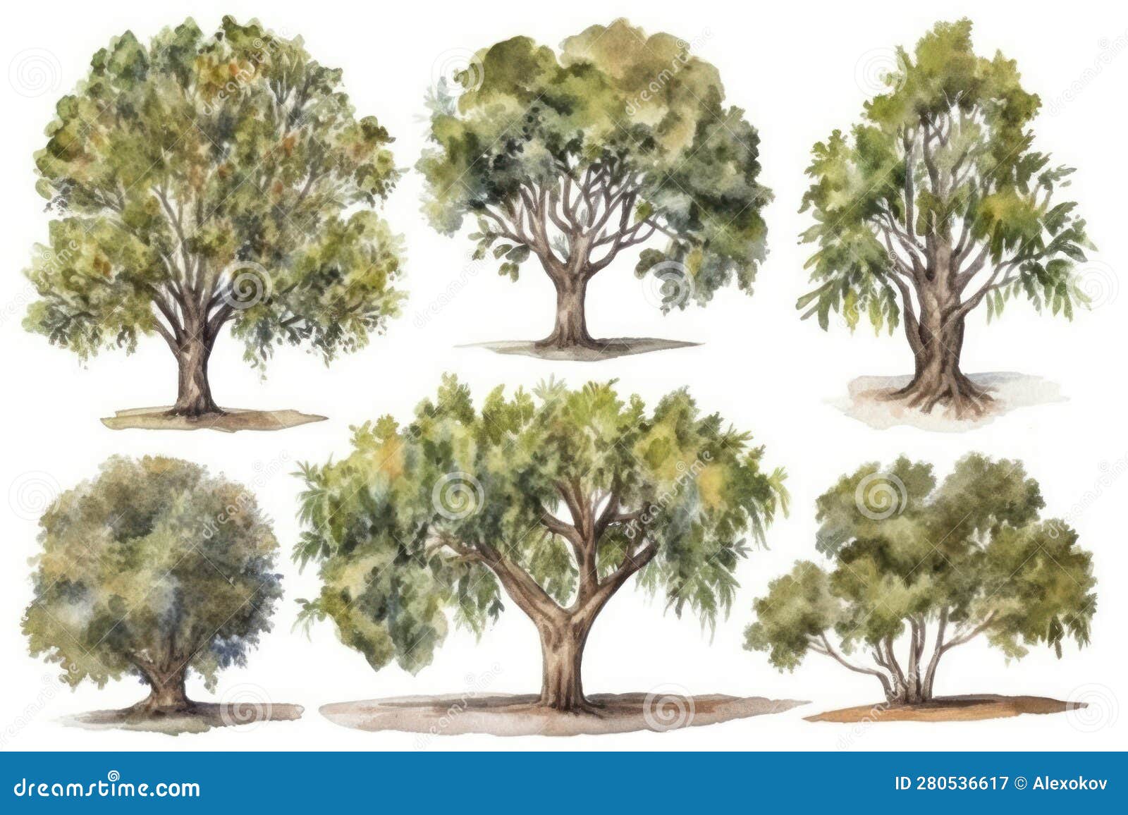 Hand-Drawn Watercolor Pecan Trees Collection: Set of Pecan Trees in a ...