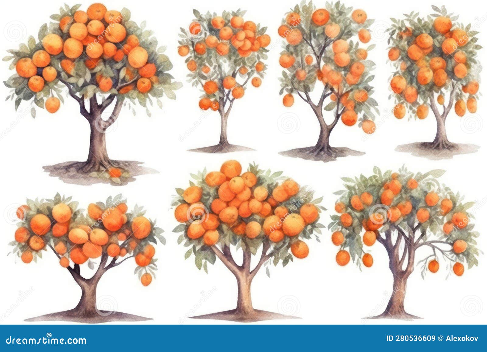 Hand-Drawn Watercolor Persimmon Trees Collection: Forest Pack of Three ...