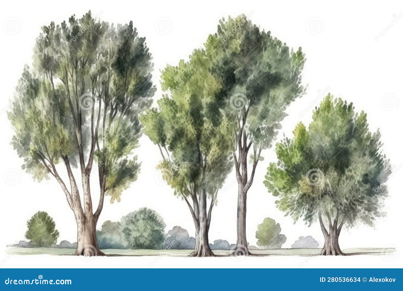 Hand-Drawn Watercolor Poplar Trees Collection for Forest Scenes . Stock ...