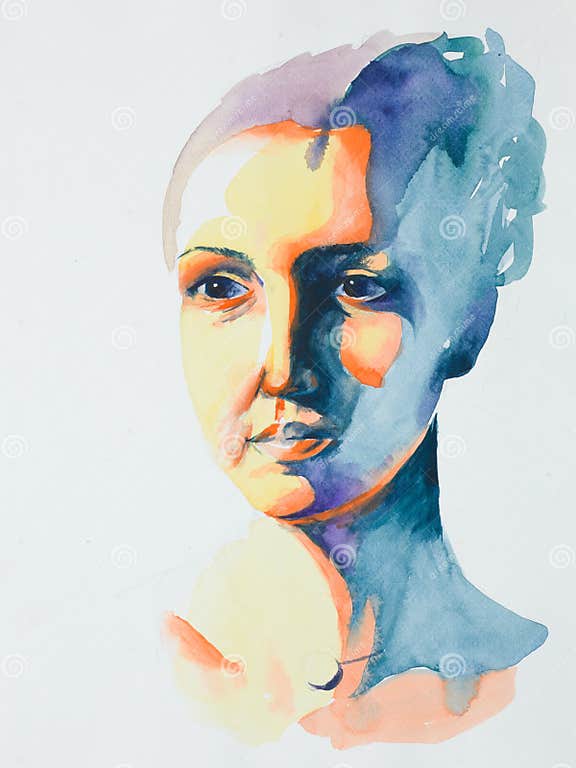 Hand Drawn Watercolor Portrait Of Serene Woman Stock Illustration