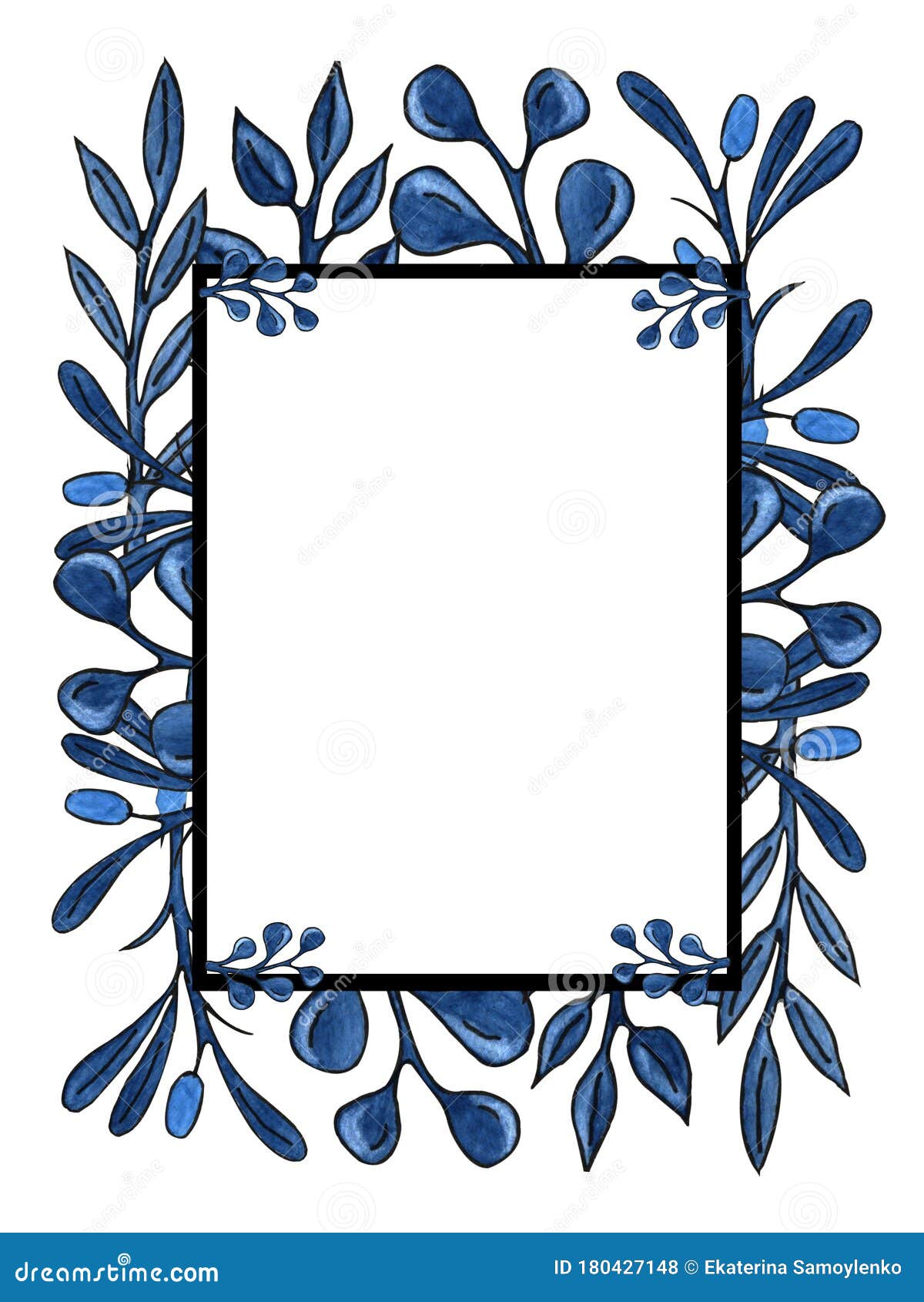 Watercolor Rectangular Frame of Different Blue Twigs with Leaves with ...