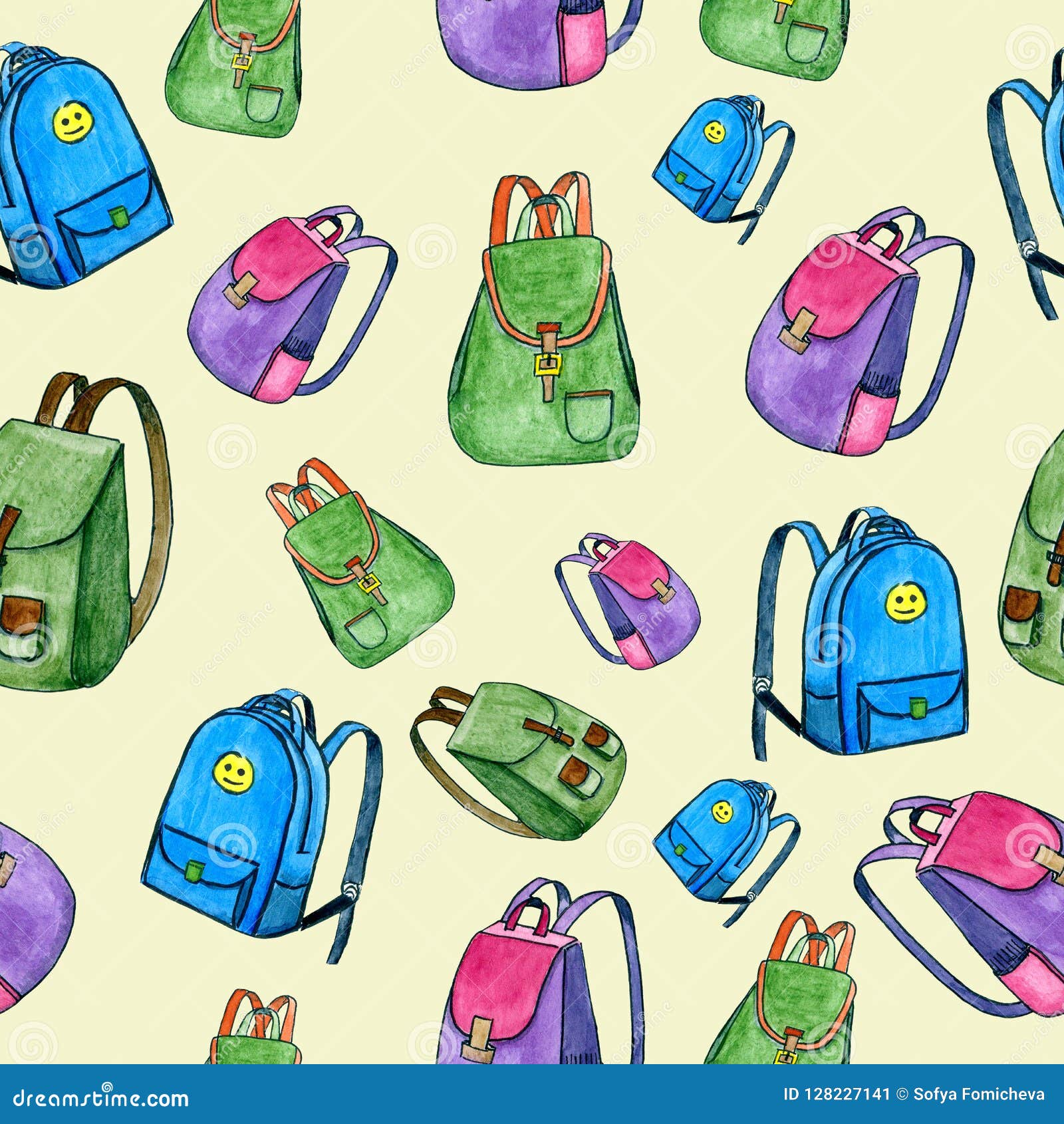 Hand-drawn Watercolor Seamless Pattern with Colored Backpacks Stock ...