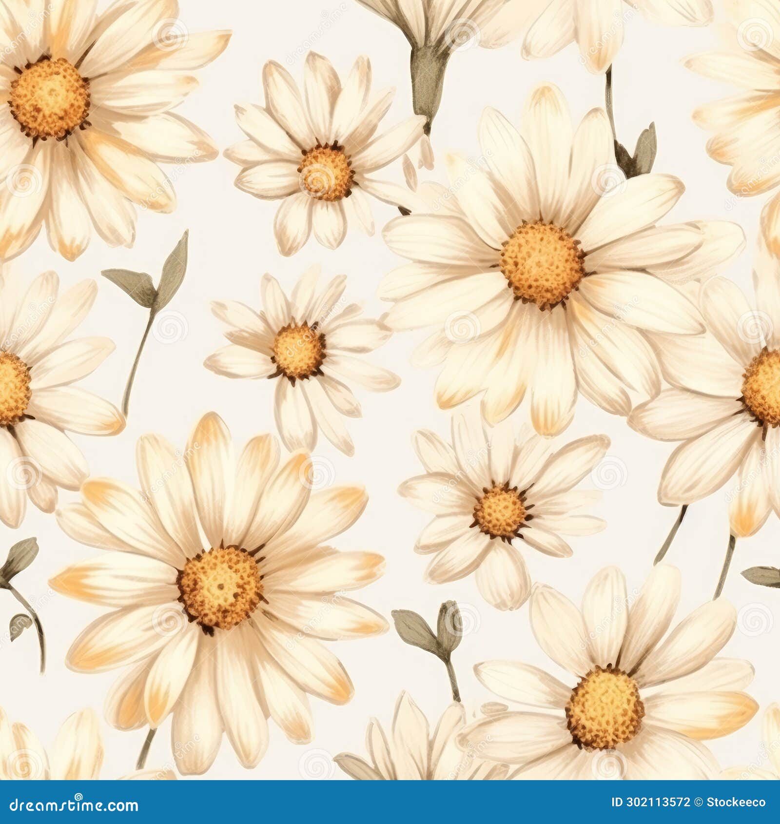 Hand Drawn Watercolor Seamless Pattern with Daisies on Light Background ...
