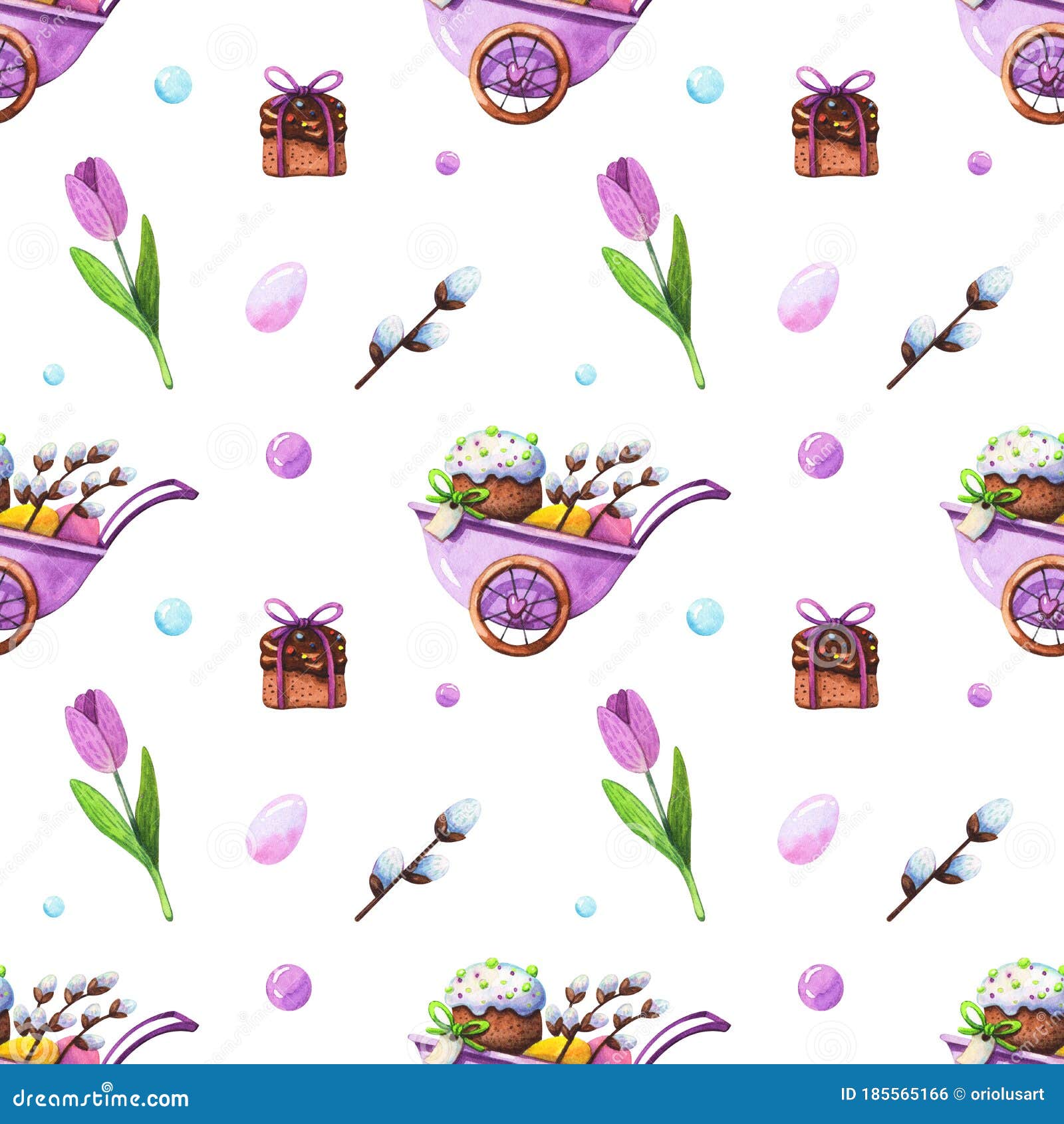 Pattern of Easter Eggs and Willow in Wheelbarrow Stock Illustration ...