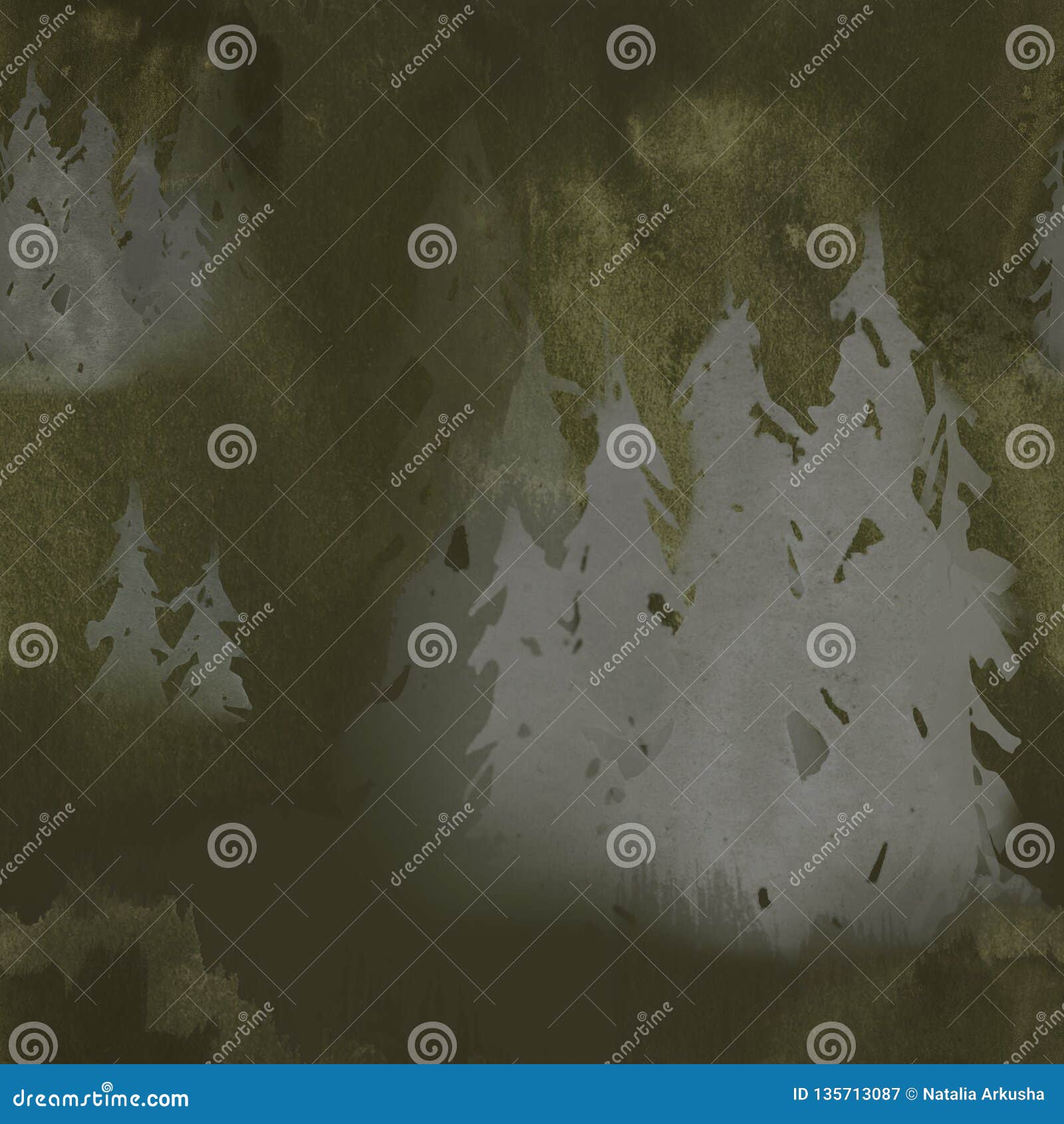 Hand Drawn Watercolor Seamless Pattern in Fog Forest Stock Illustration ...