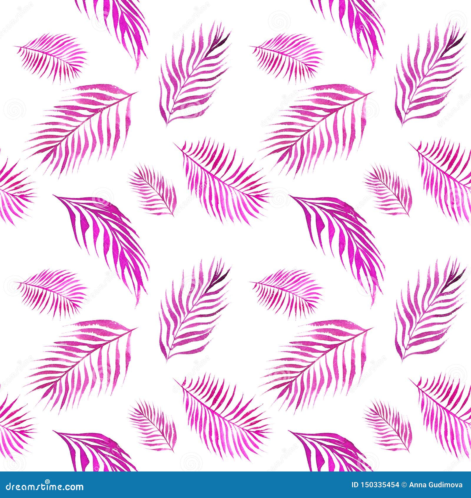 Watercolor Seamless Pattern with Pink Palm Tree Leaves on White Stock ...