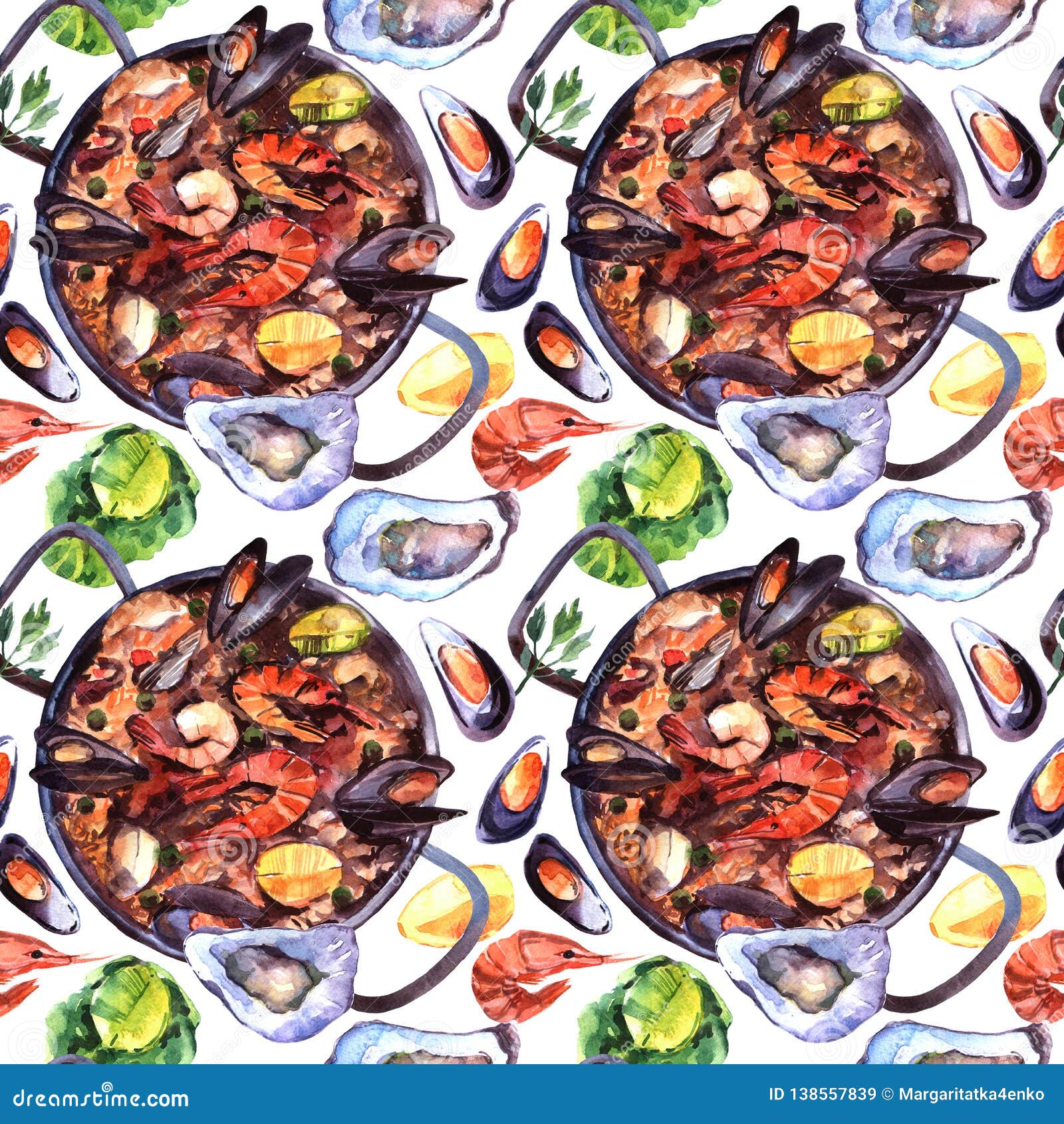 Hand Drawn Watercolor Seamless Pattern with Seafood and Paella. Stock ...