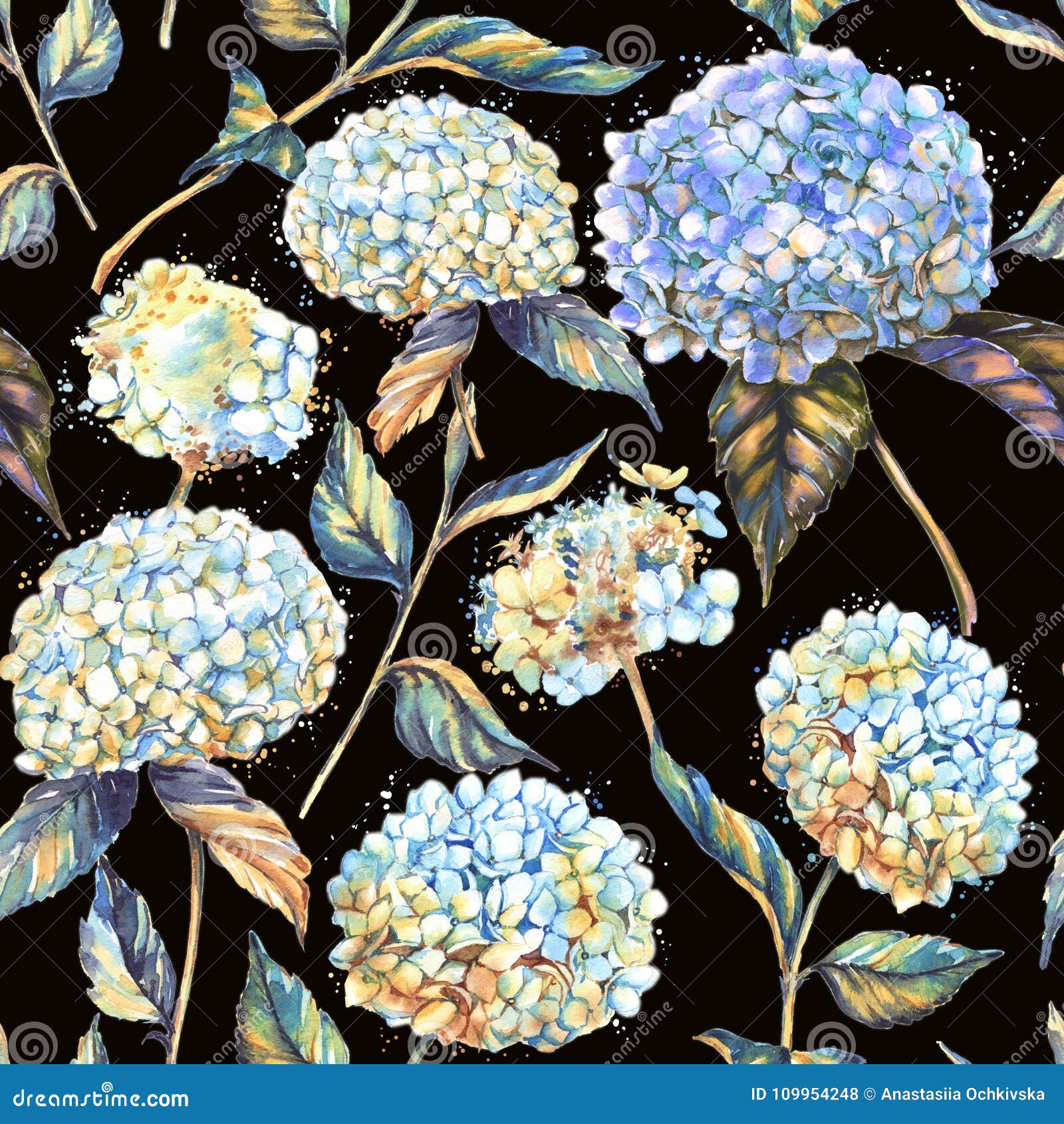Hand-drawn Watercolor Seamless Pattern with White and Blue Hydrangea ...