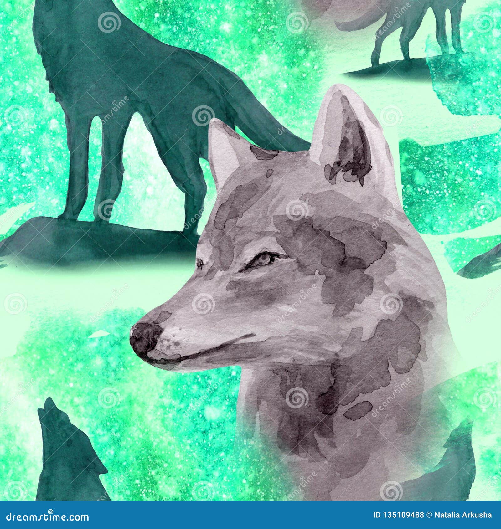 Hand Drawn Watercolor Seamless Pattern Wolf in Night Forest Stock ...