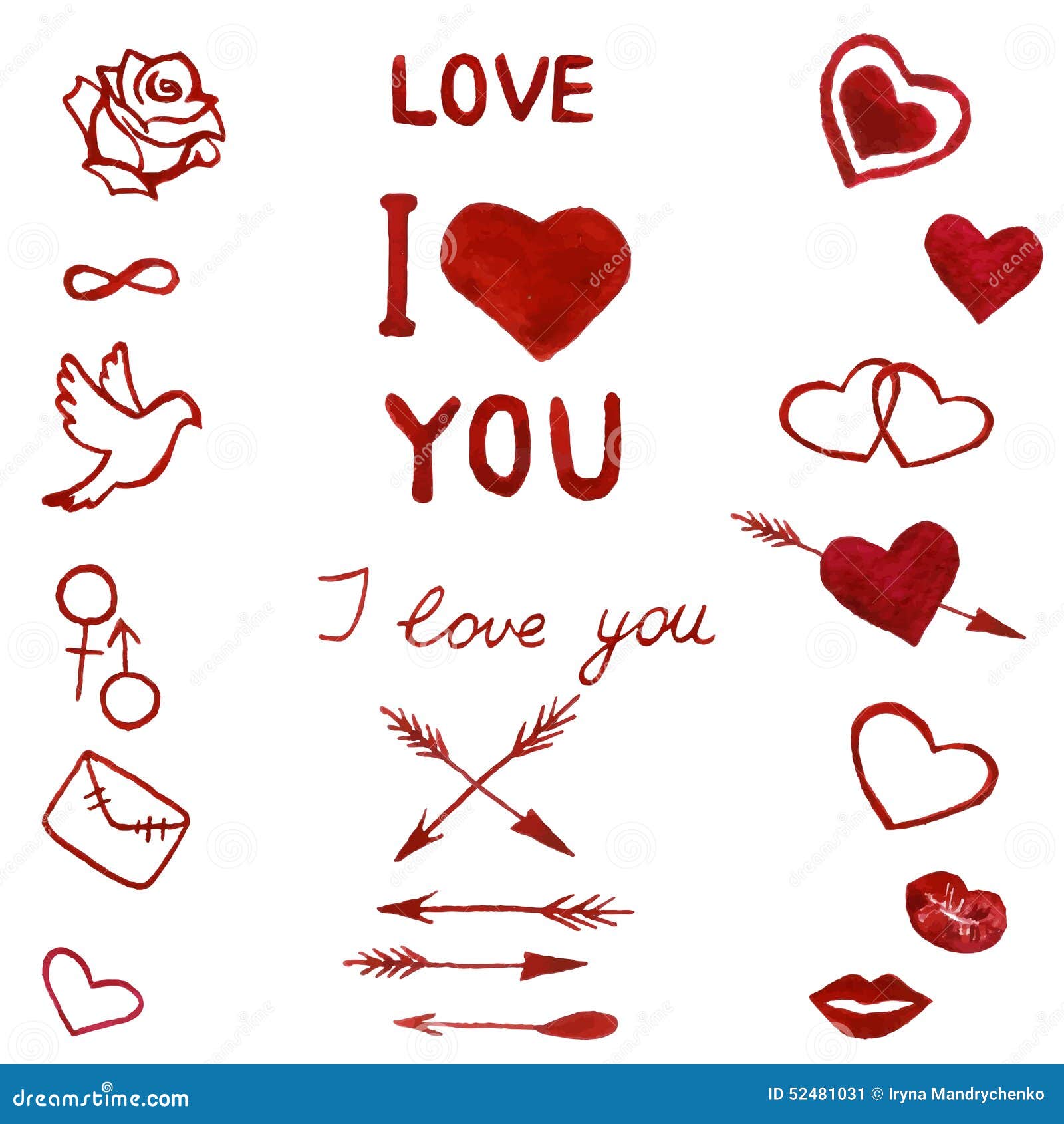 Hand Drawn Watercolor Set of Love Symbols Stock Vector - Illustration ...