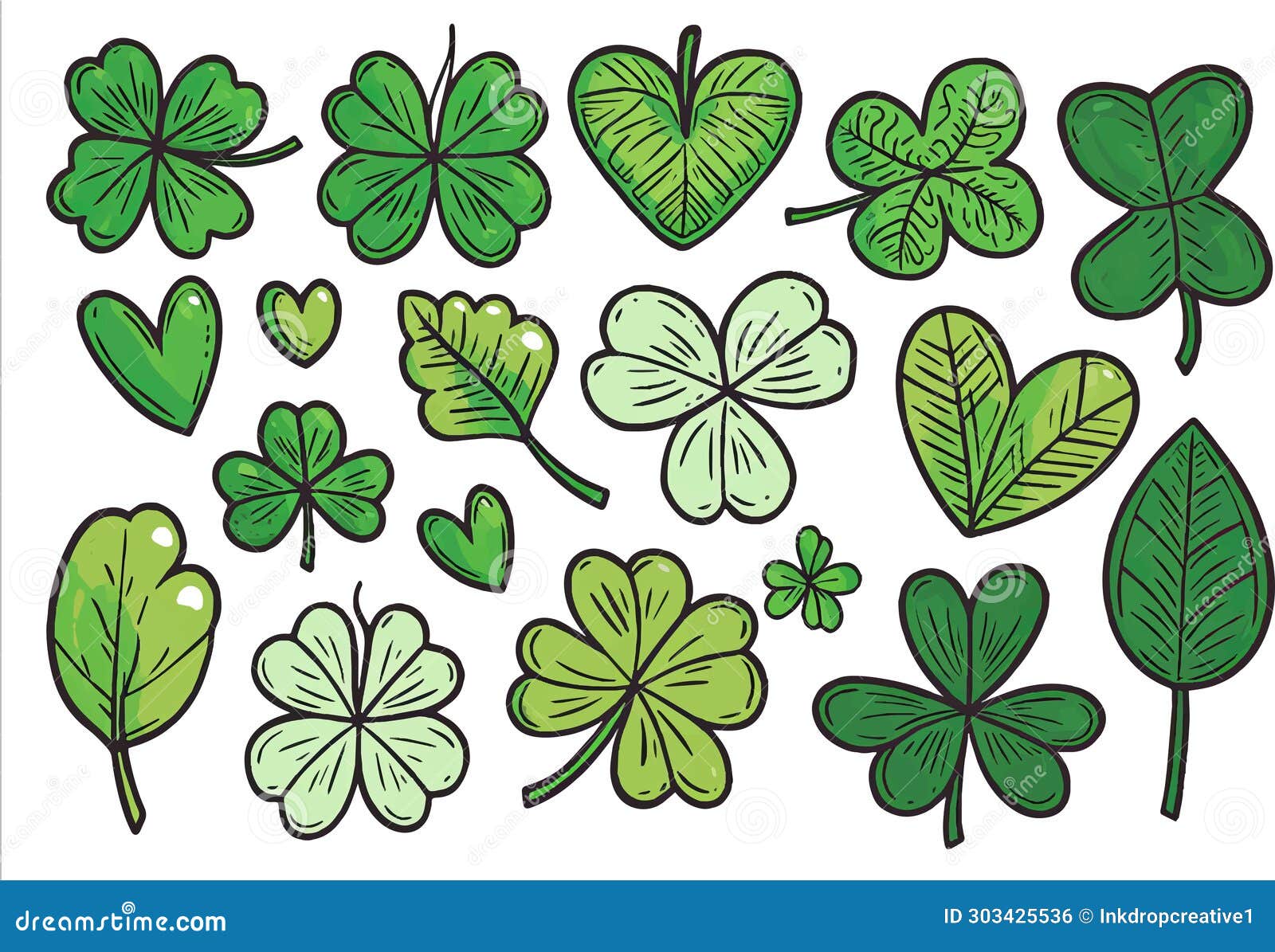 Hand Drawn Watercolor Shamrock Four Leaf Clover Collection Stock ...
