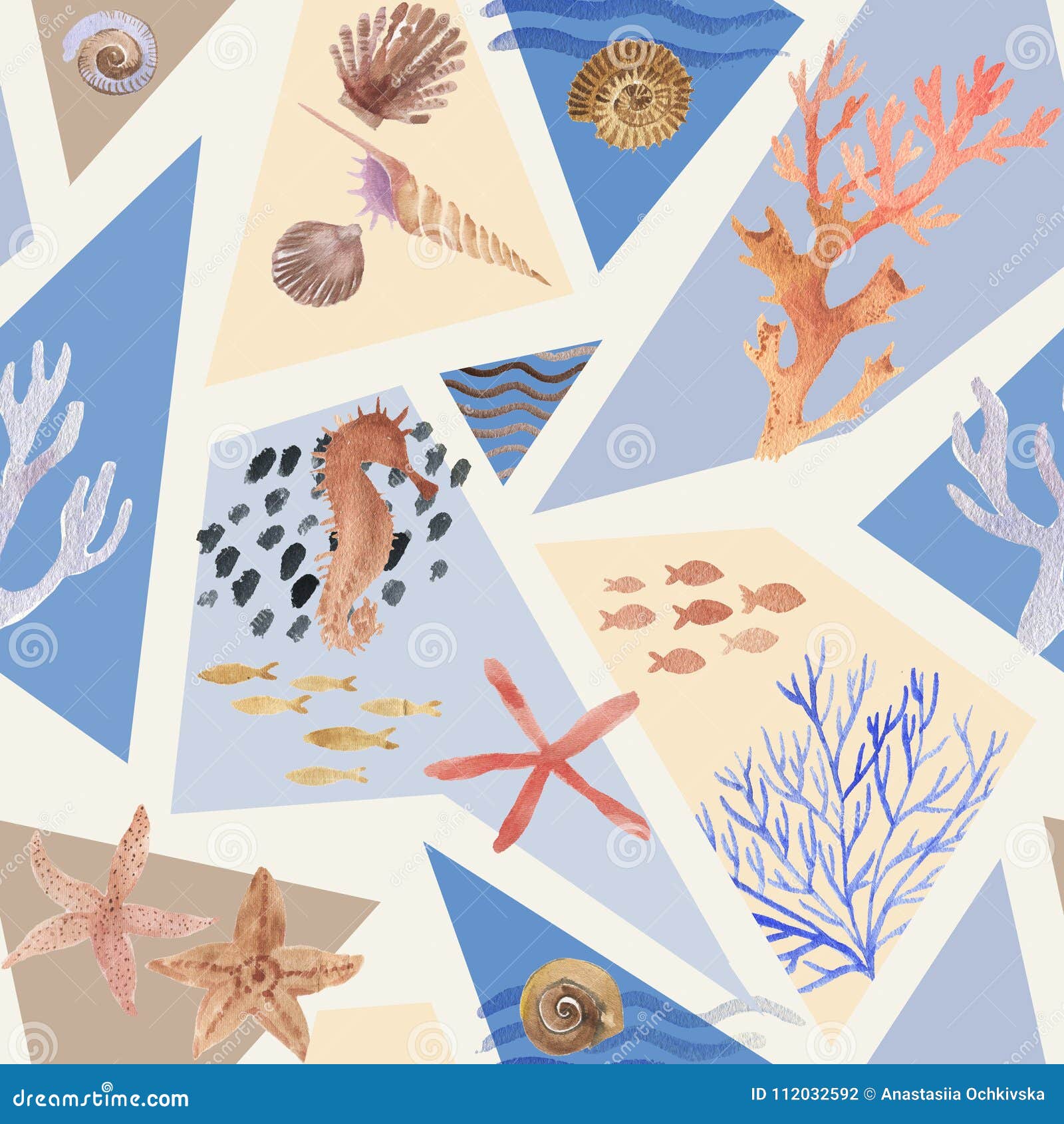 Hand Drawn Watercolor Underwater Pattern with Sea Fauna Stock ...