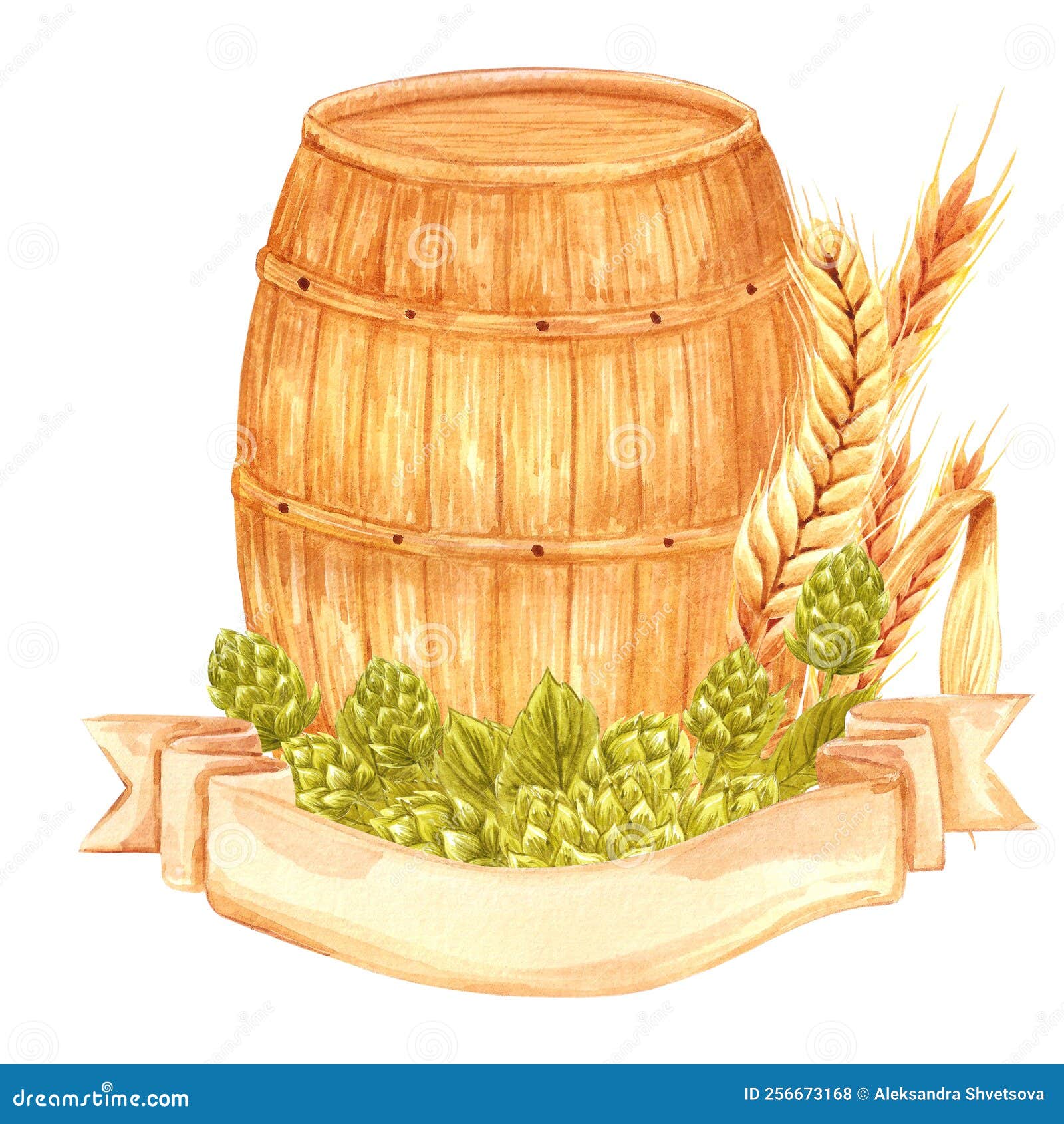 Hand Drawn Watercolor Wooden Beer Barrel On White Background Label