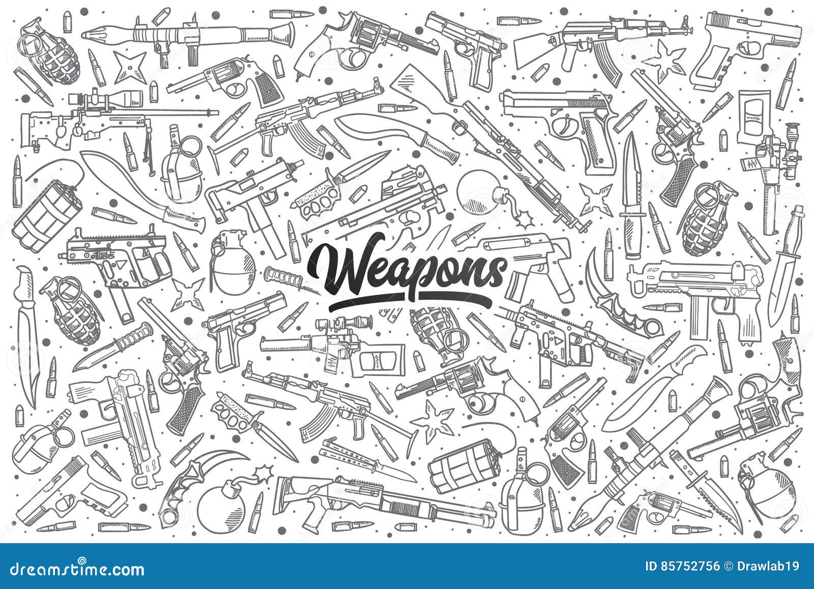 Hand Drawn Weapons Set with Black Lettering Stock Vector - Illustration ...