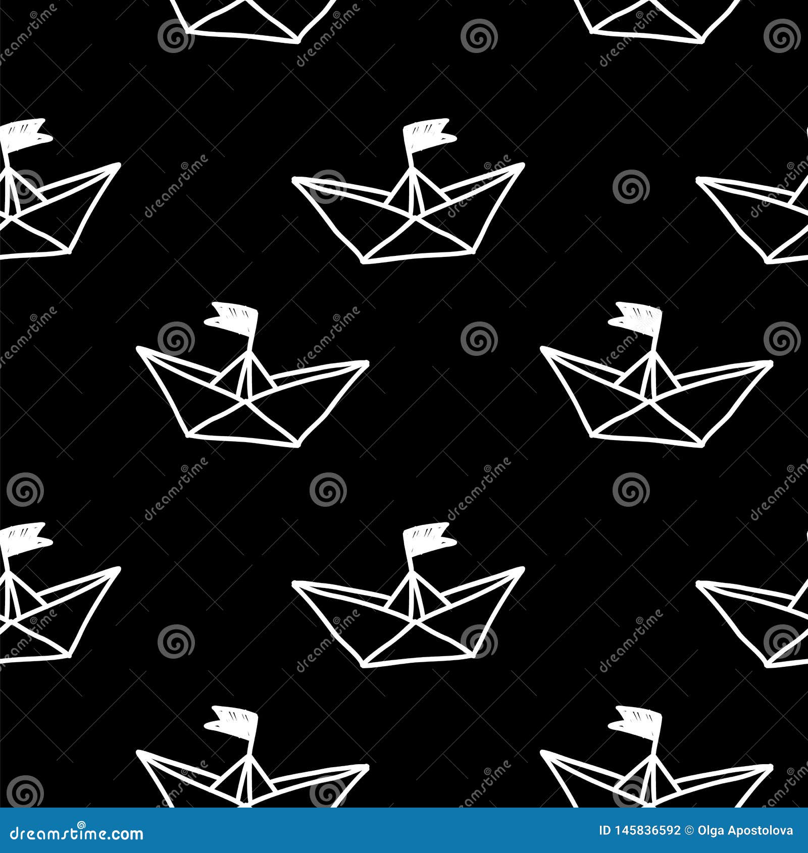 Hand Drawn White Paper Ships on the Black Background Seamless Vector ...