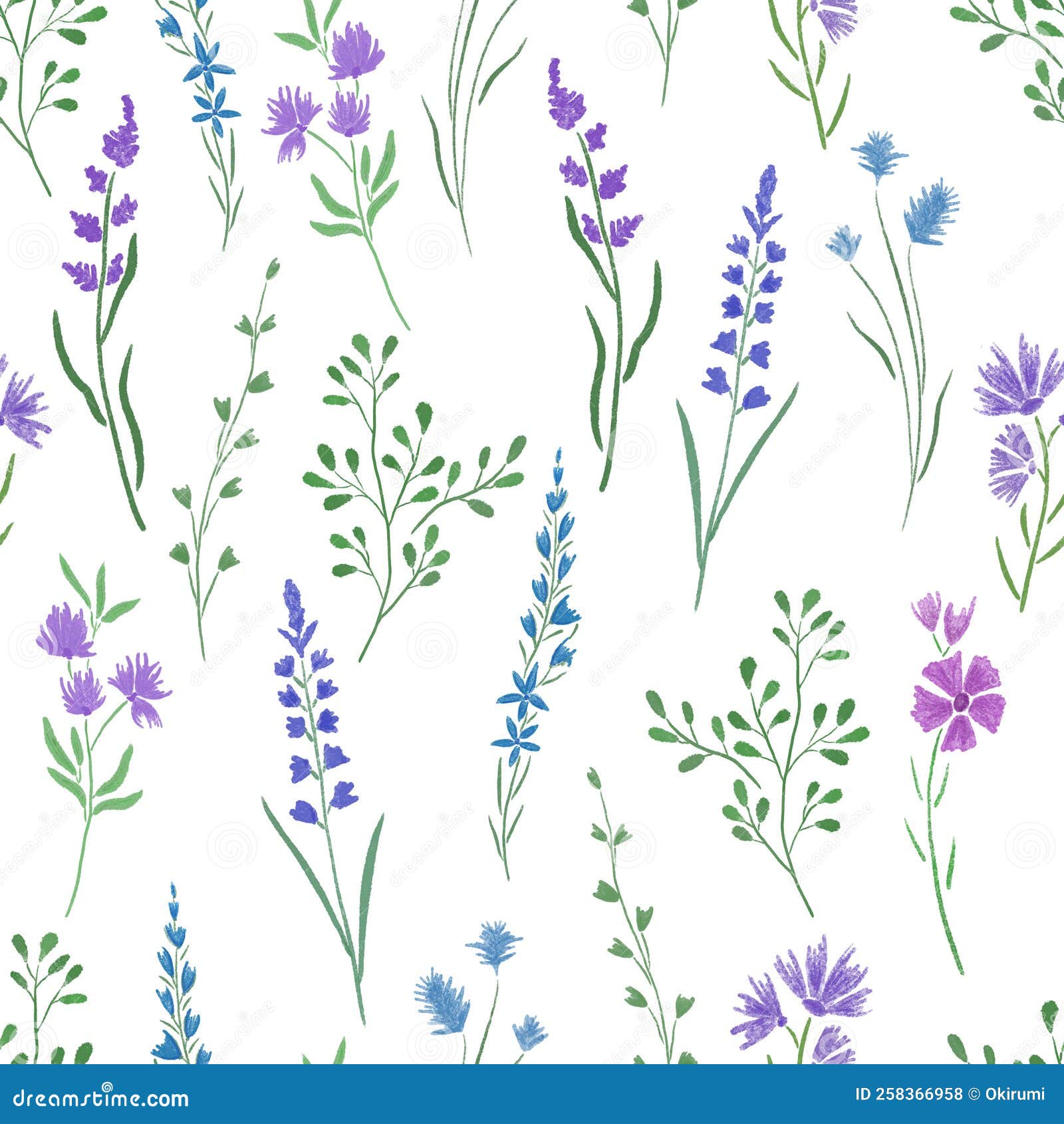 Hand Drawn Wild Blue Flowers and Herbs Seamless Pattern Stock ...