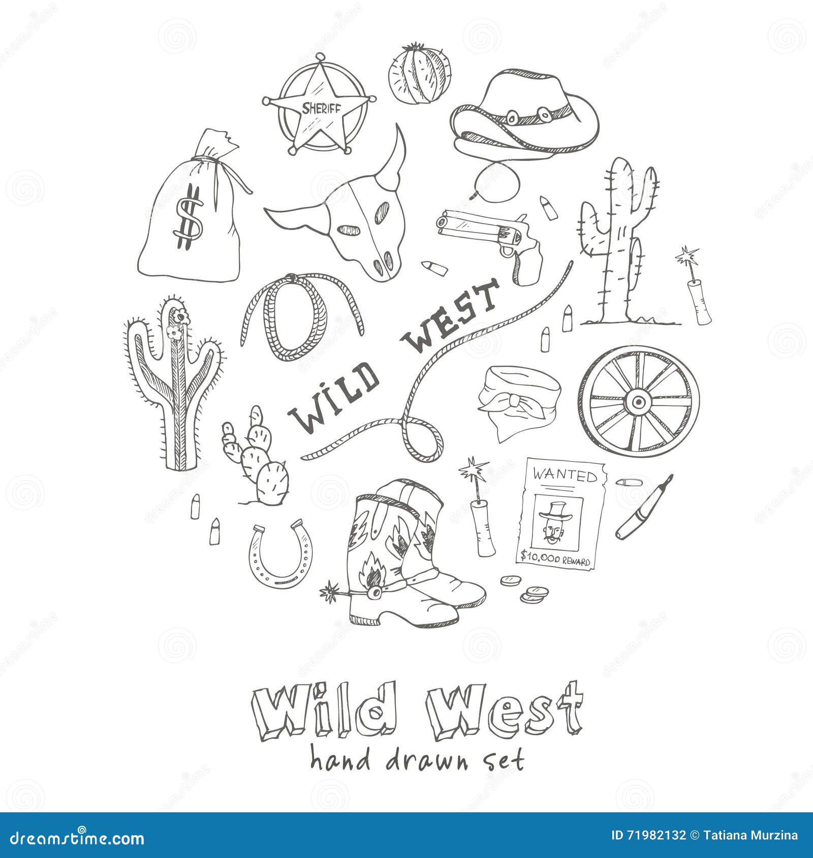 Hand drawn wild west set. stock vector. Illustration of romantic - 71982132