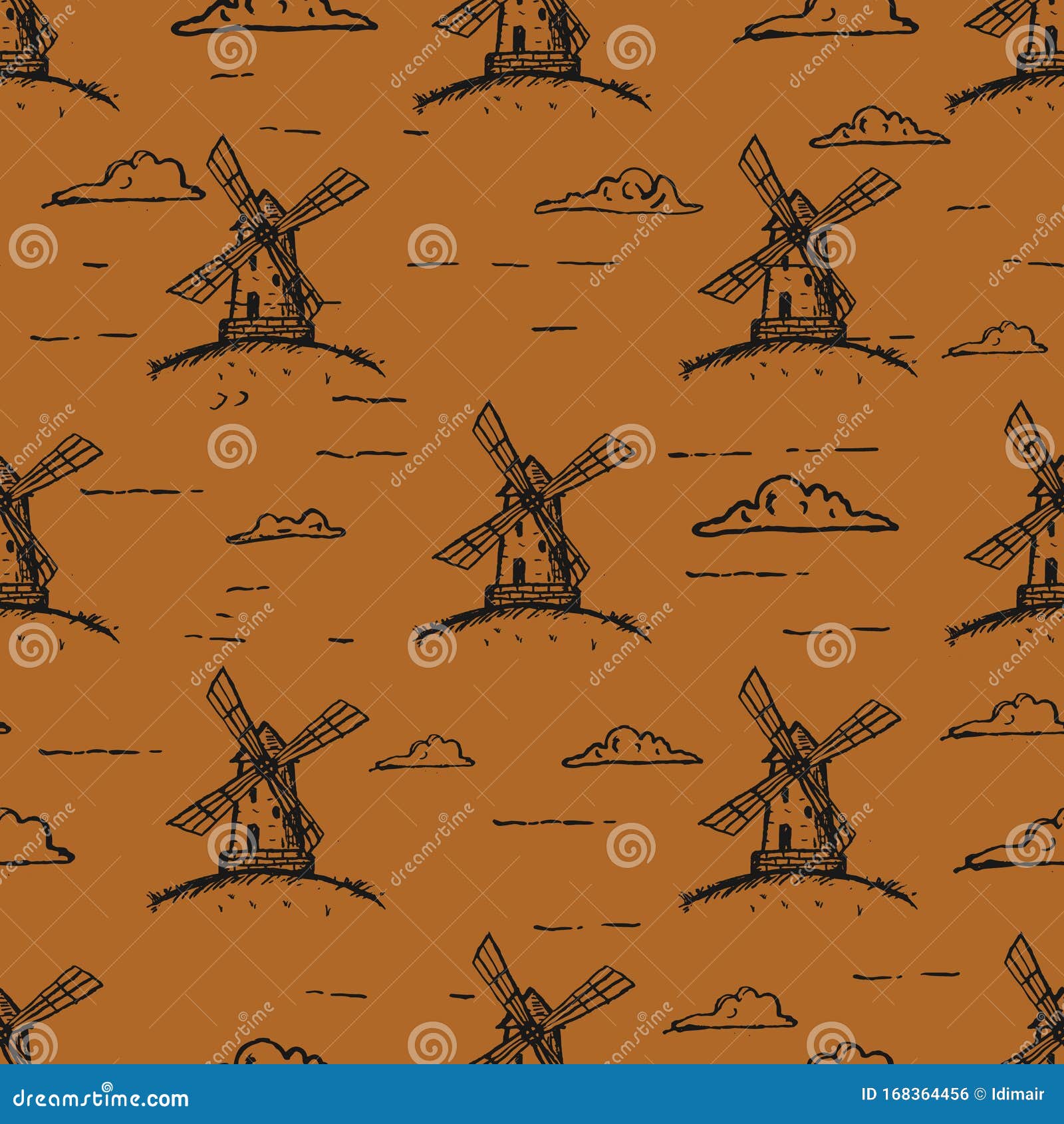Hand Drawn Windmill Seamless Pattern Background. Vector Stock Vector ...
