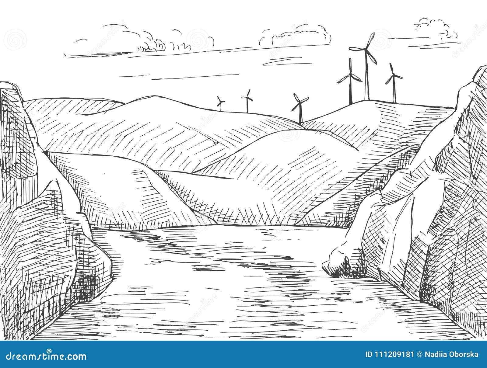 Hand Drawn Windmills Against the Background of Mountains and Water ...
