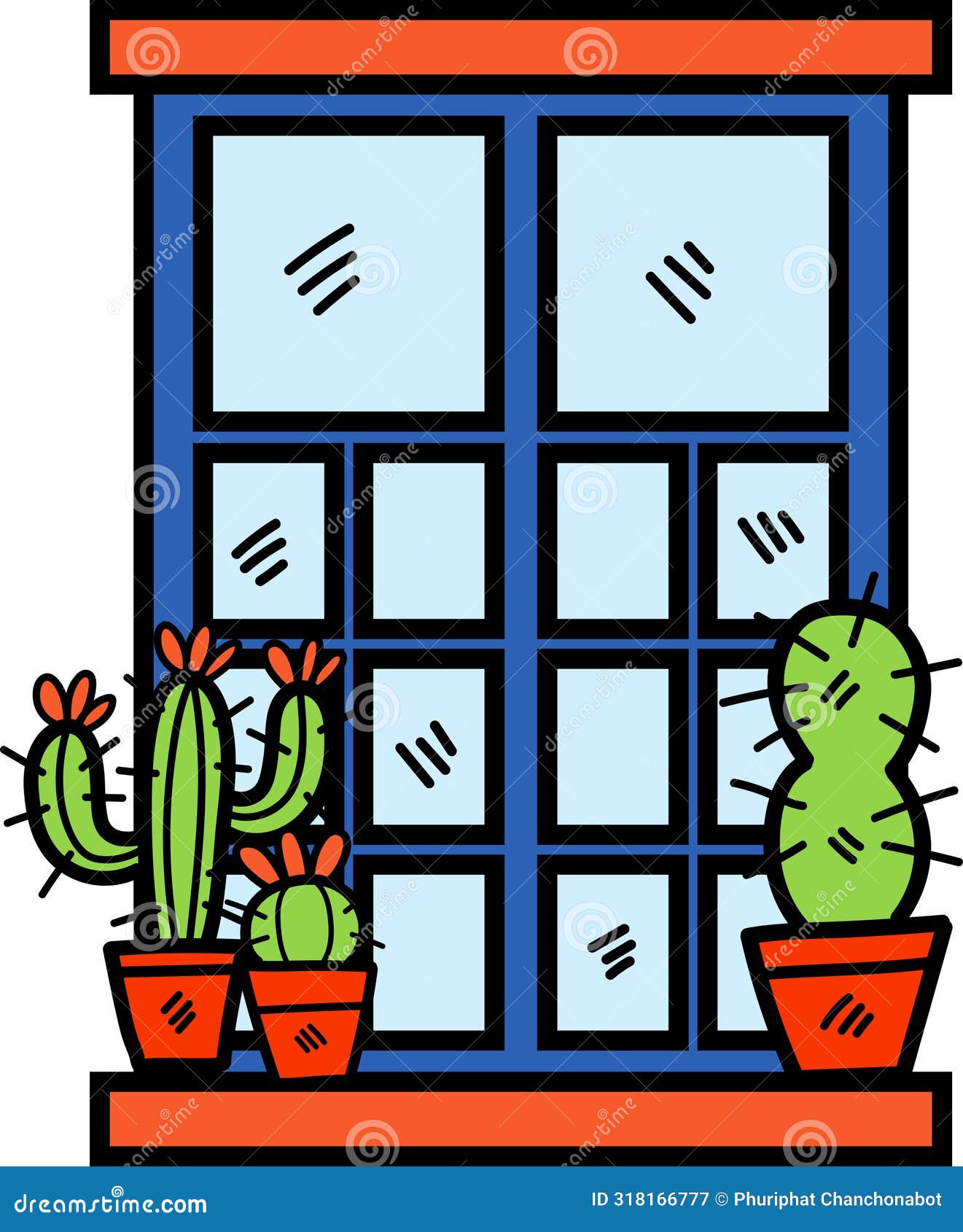 Hand Drawn Window and Cactus in Flat Style Stock Vector - Illustration ...