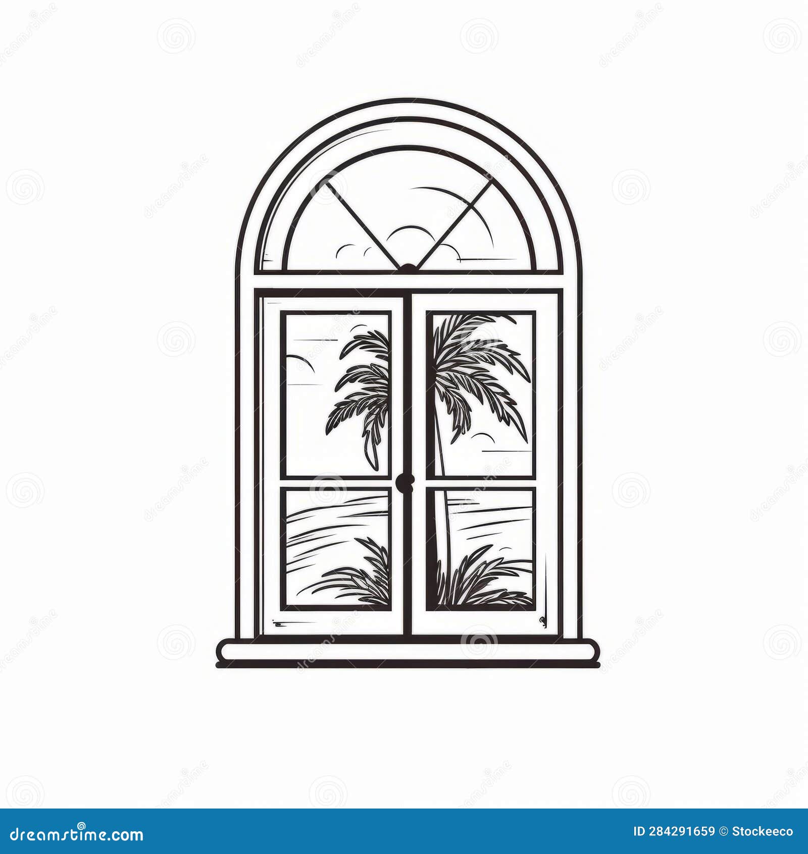 Hand Drawn Window Silhouette with Palm Tree - Simple Line Art Stock ...