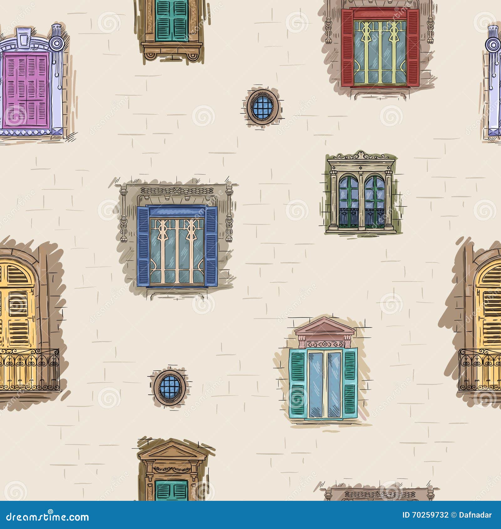 Hand Drawn Windows Pattern Background. Vintage Artistic Architecture ...