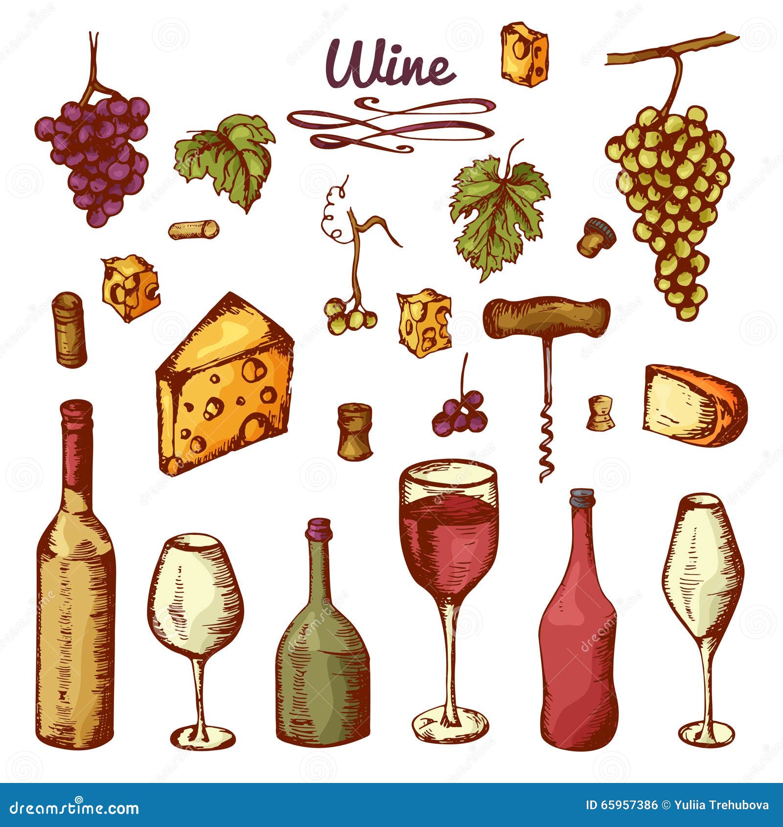 Hand Drawn Wine Elements. Set of Vector Icons: Bottle, Cheese, Grapes ...