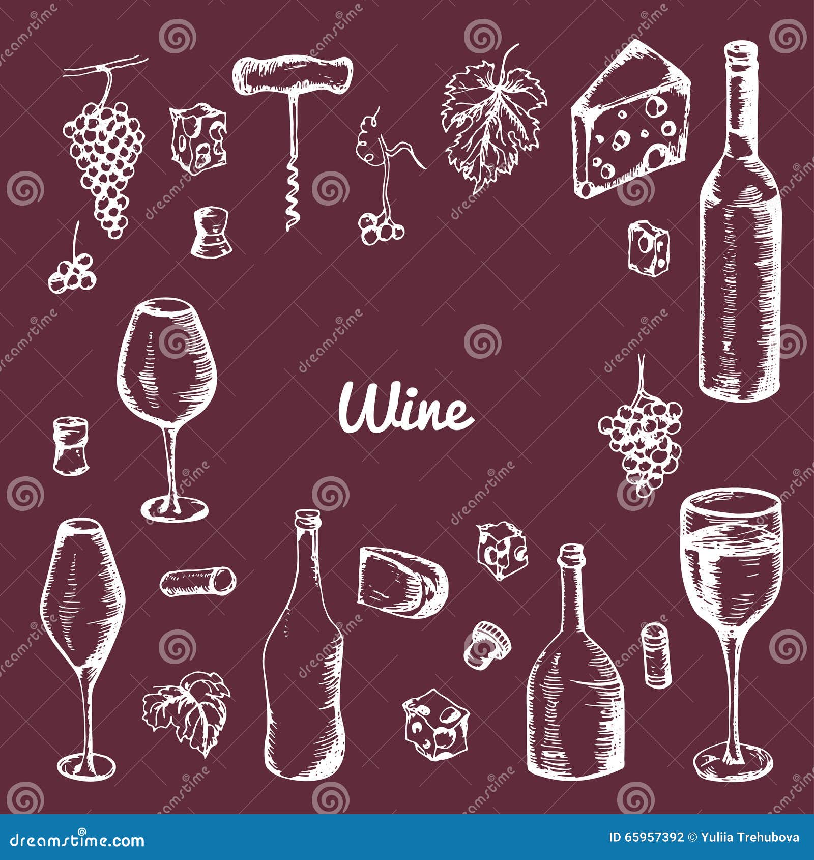 Hand Drawn Wine Elements. Set of Vector Icons: Bottle, Cheese, Grapes ...