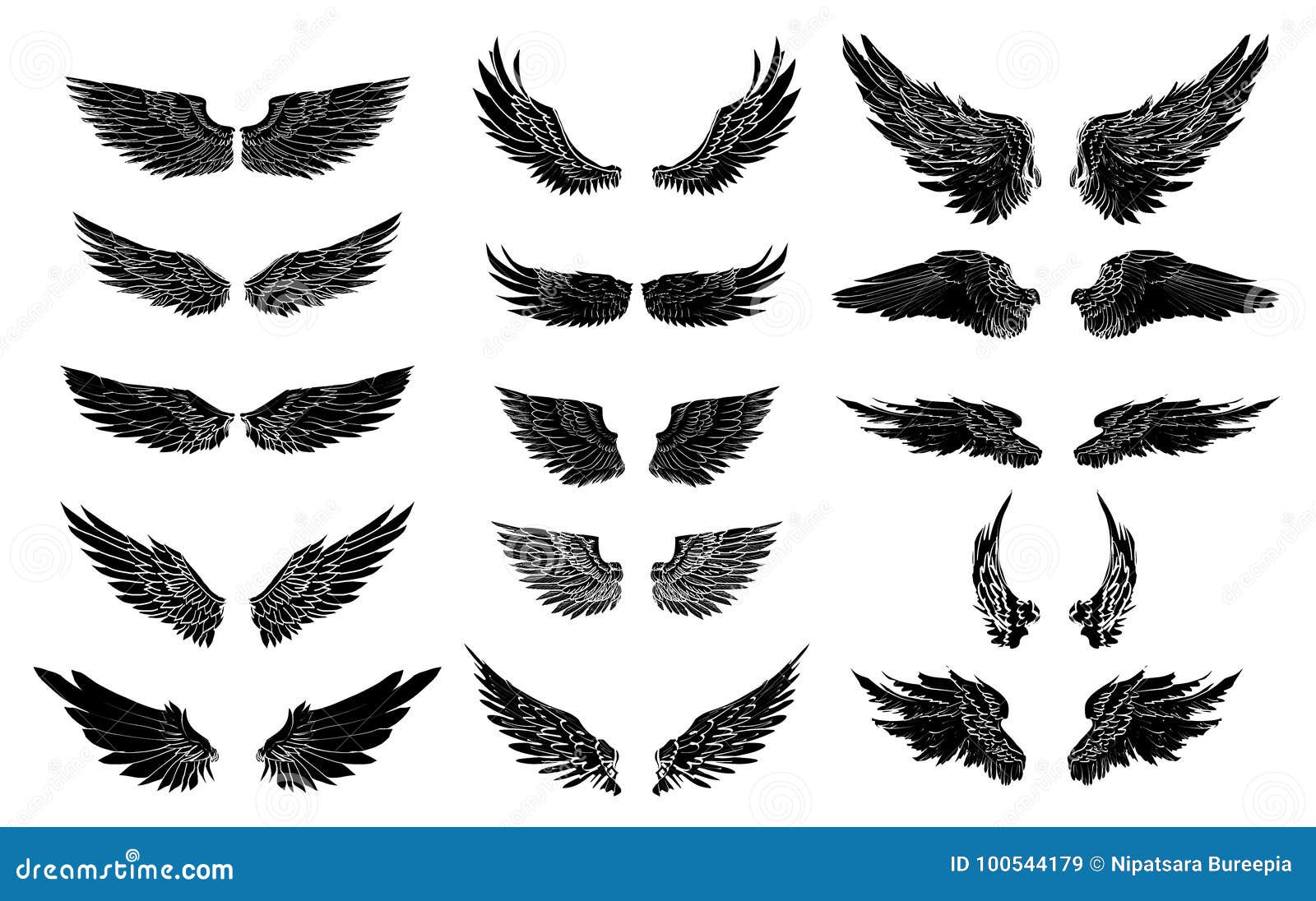 Hand Drawn Wing Vector Set. Colorful Sticker Wing Tattoo. Stock Vector ... Hand Drawn Wing Vector Set. Colorful Sticker Wing Tattoo. Stock Vector ...