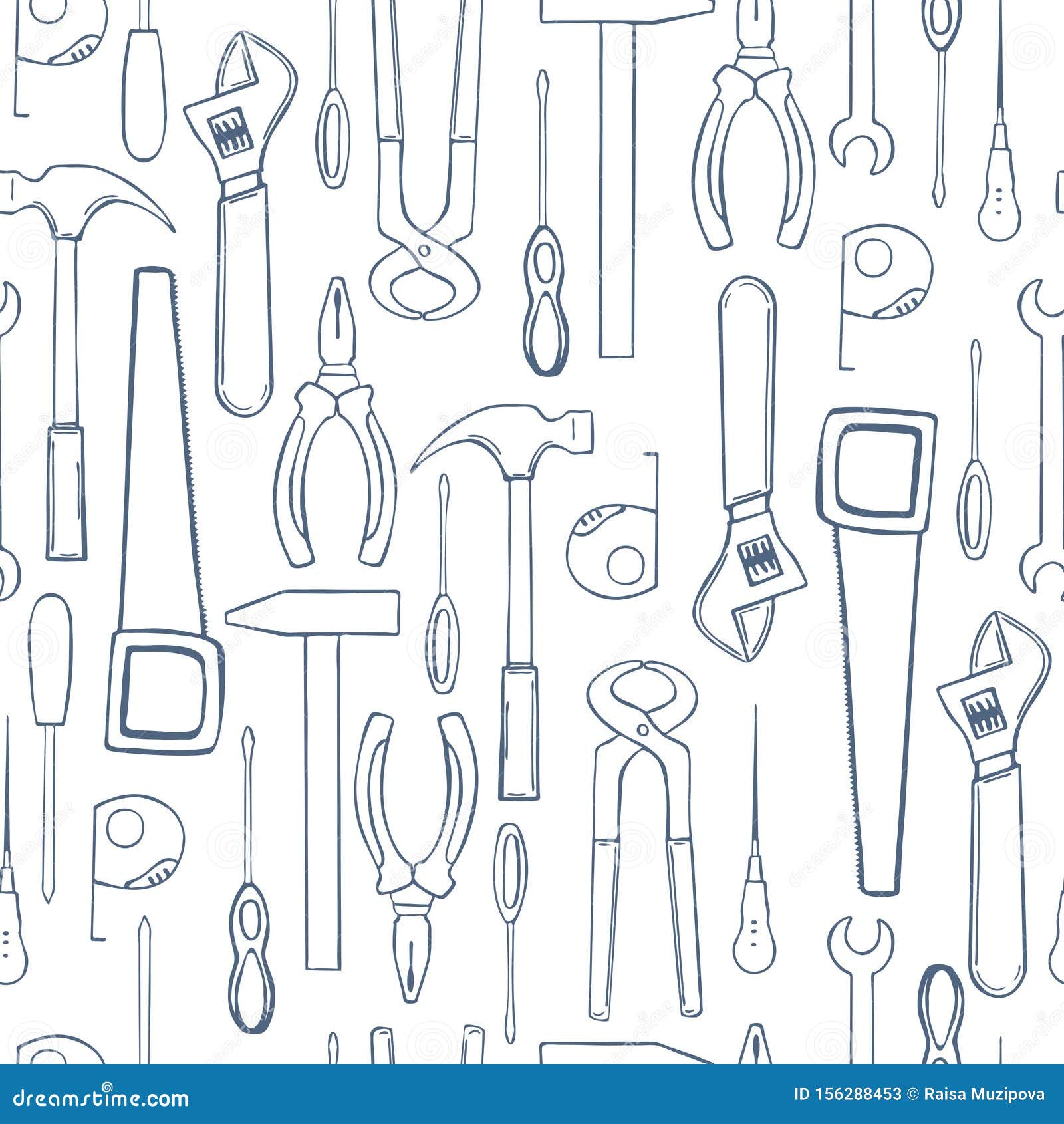 Hand Drawn Working Tools. Vector Seamless Pattern Stock Vector ...