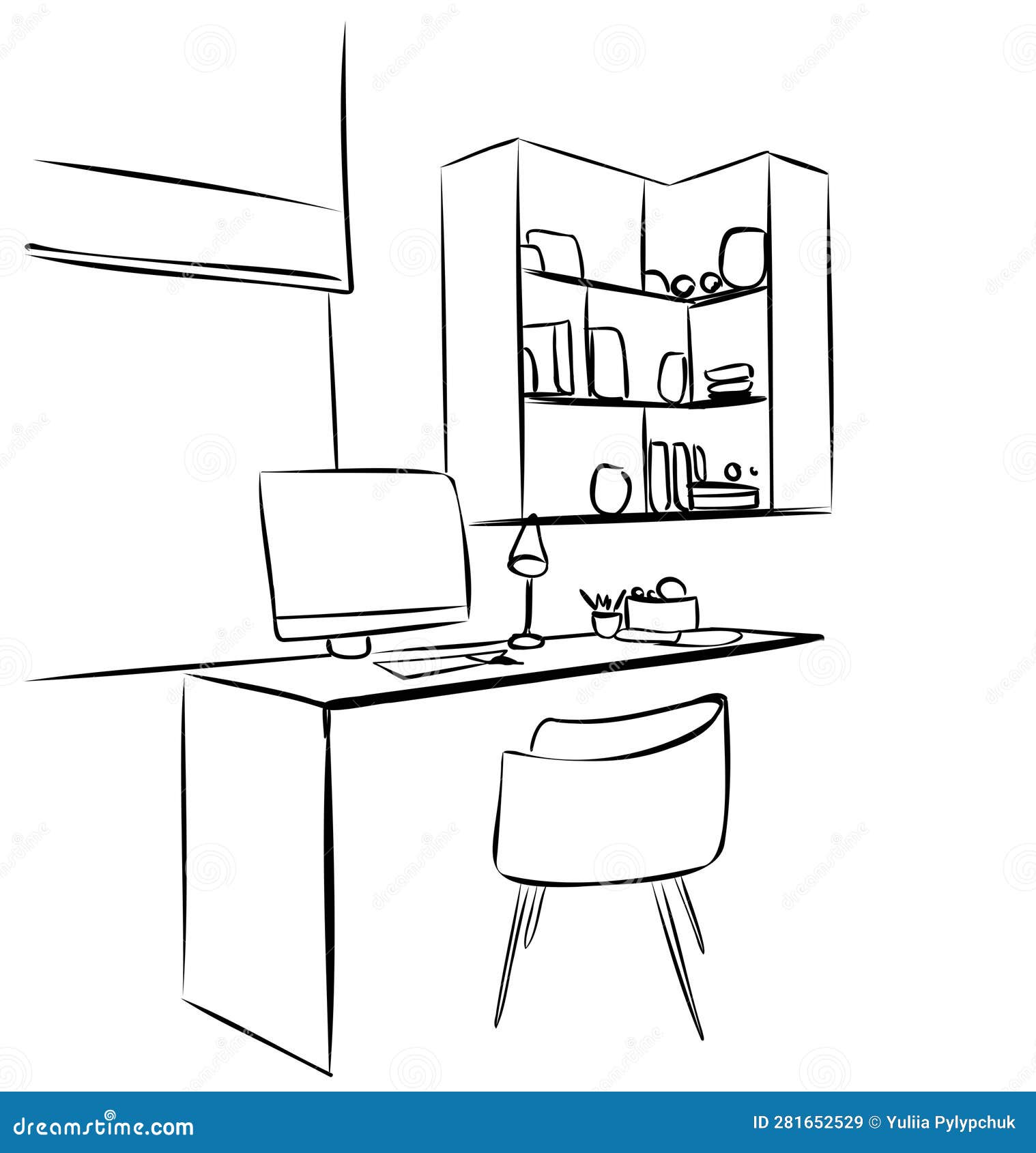 Hand Drawn Workplace. Chair and Computer Sketch Stock Vector ...