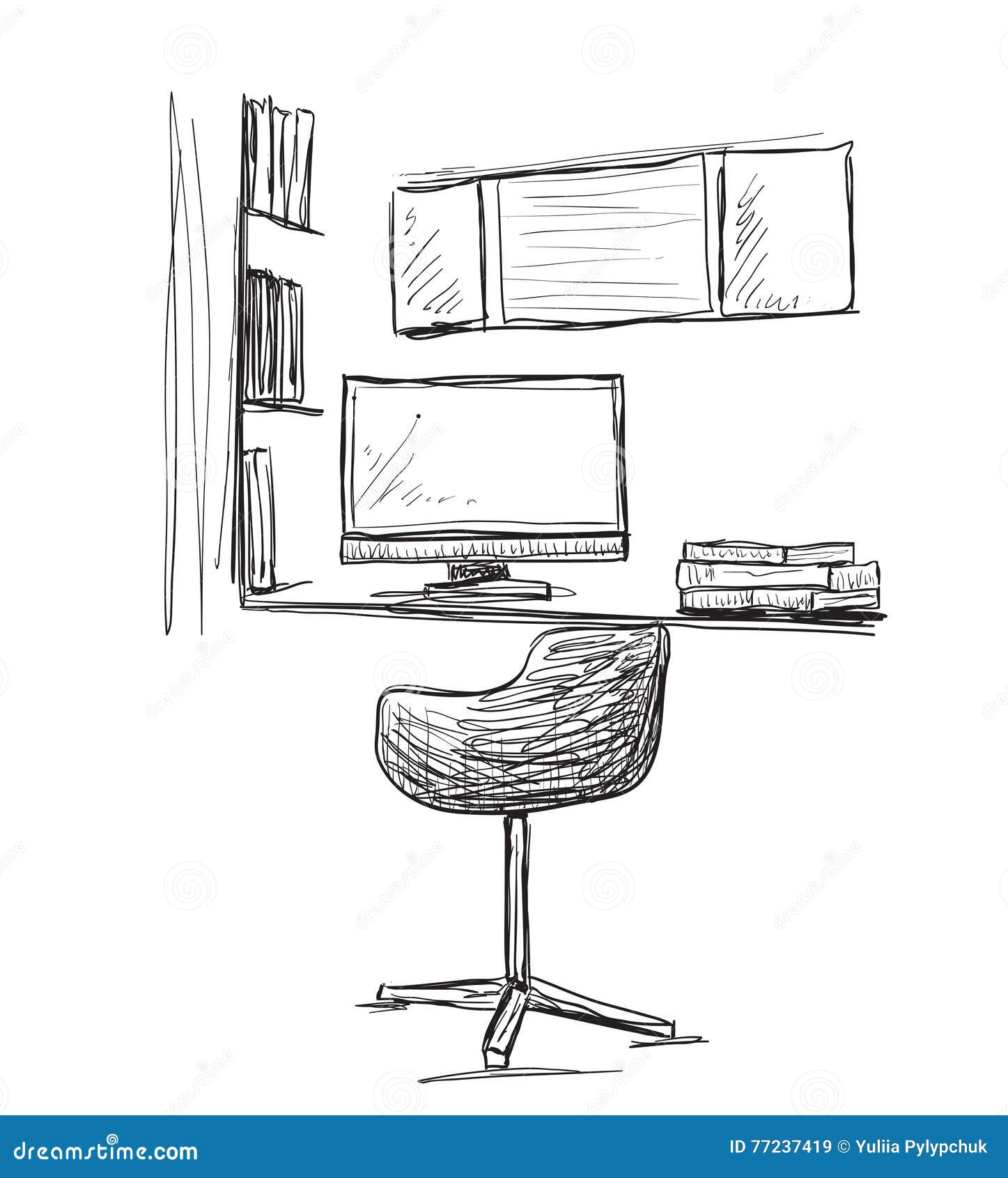 Hand Drawn Workplace. Chair and Computer Stock Vector - Illustration of ...