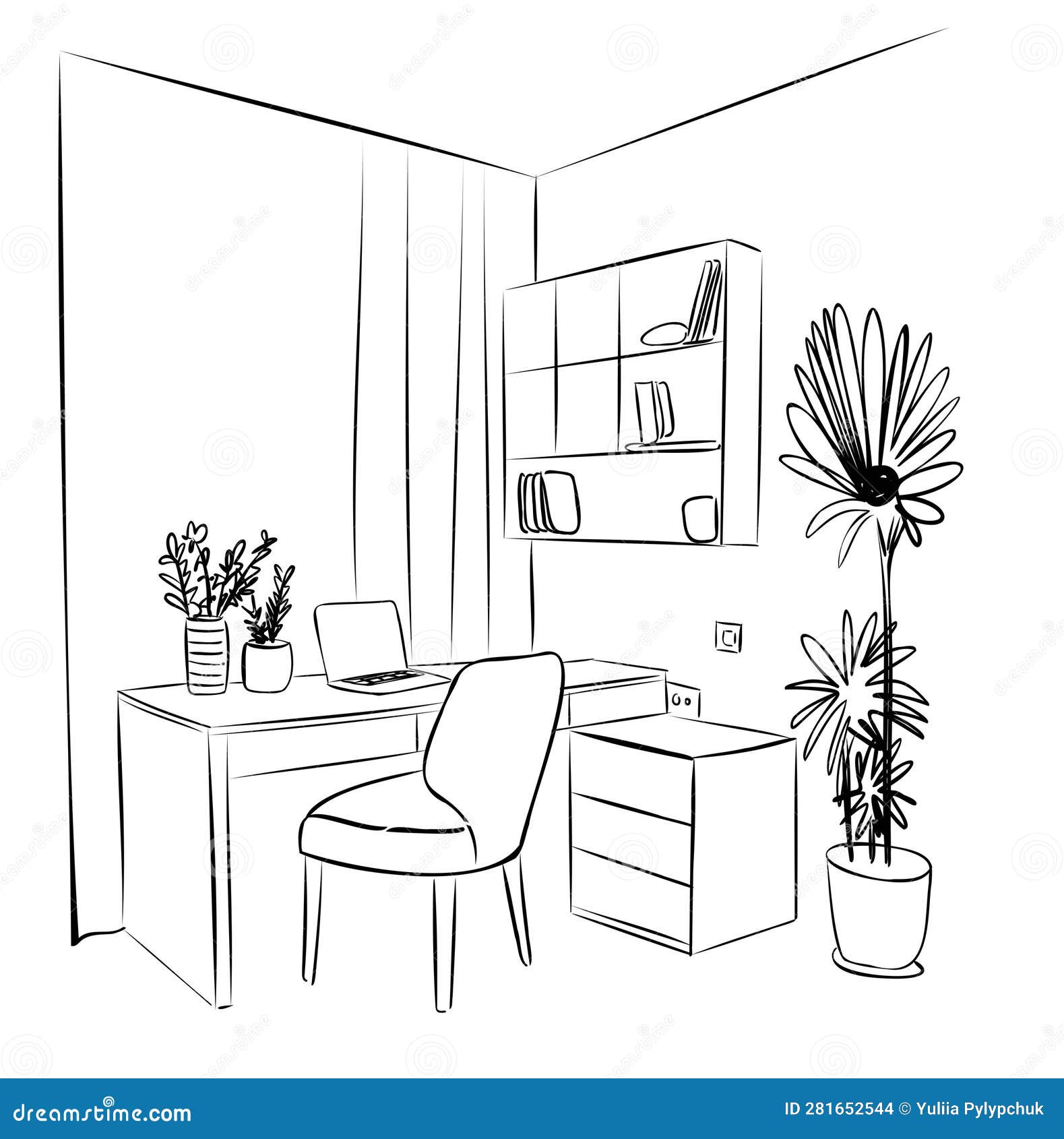 Hand Drawn Workplace. Chair and Computer Sketch. Home Office Stock ...