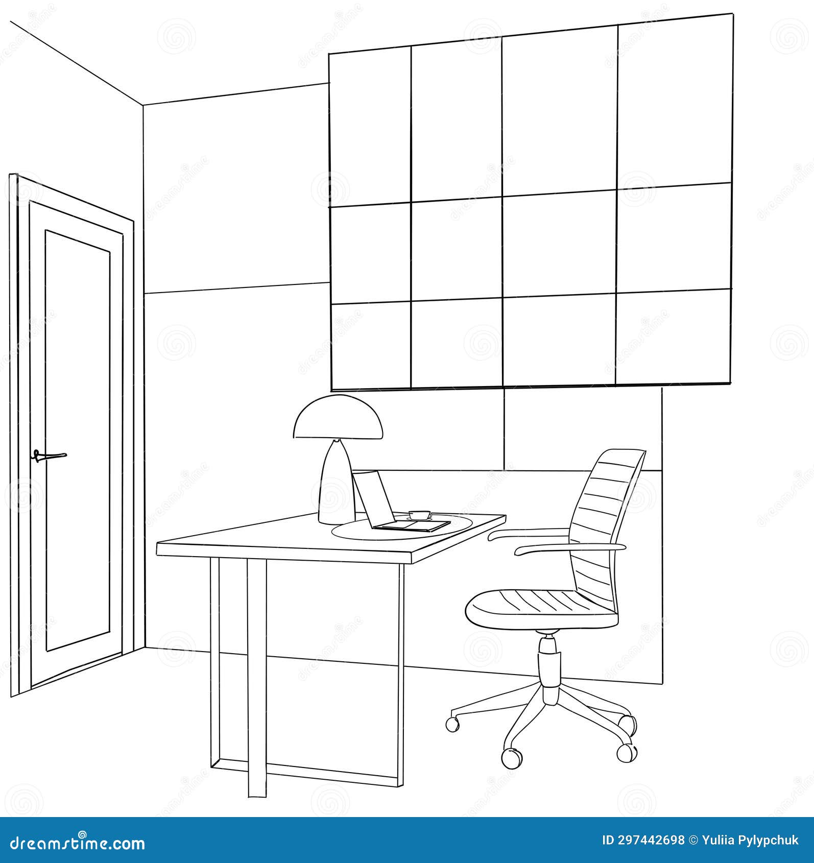 Hand Drawn Workplace. Chair and Computer Sketch. Office Interior Stock ...