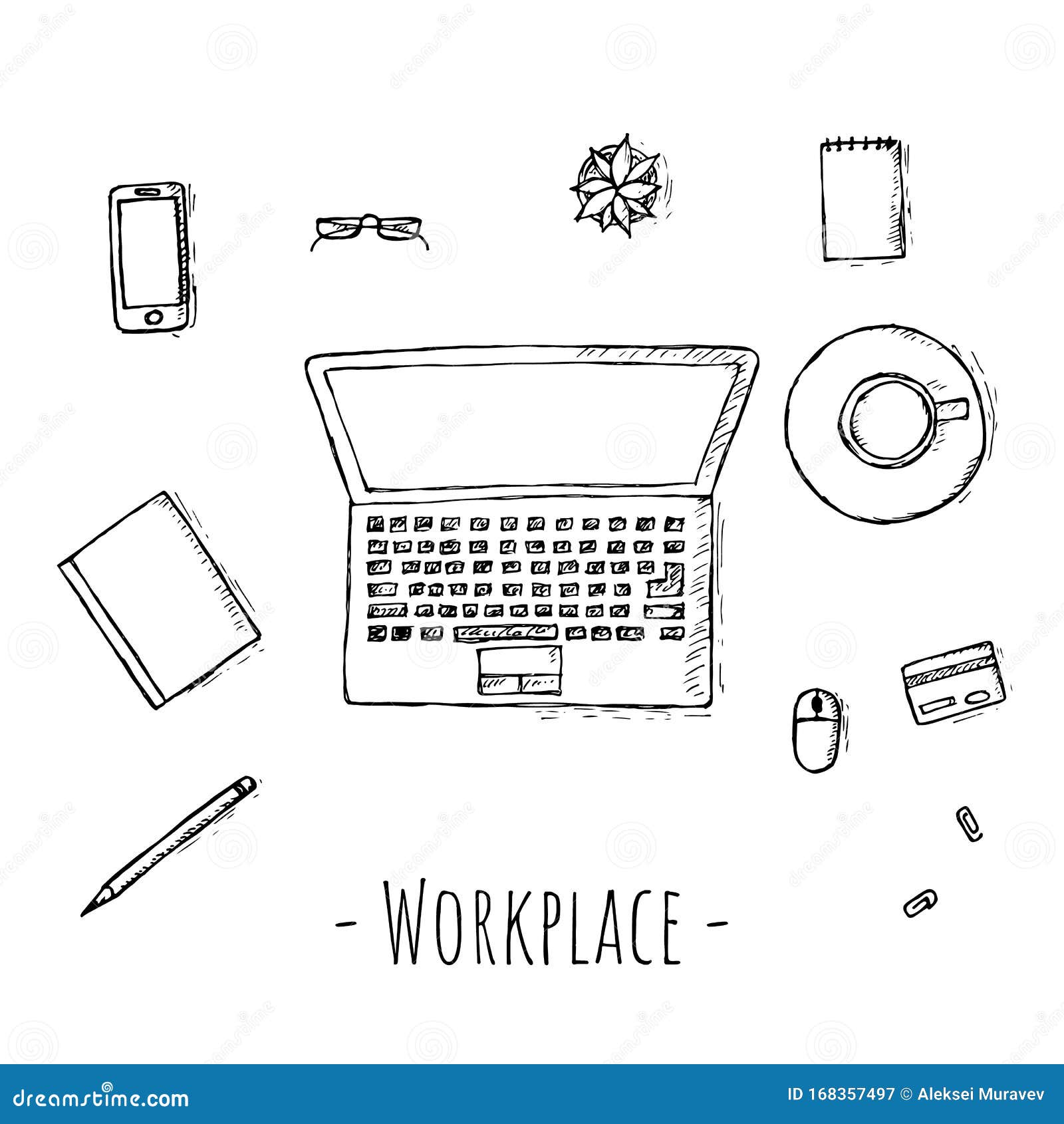 Workplace. Hand-drawn Illustrations. Top View. Vector. Isolated Objects ...