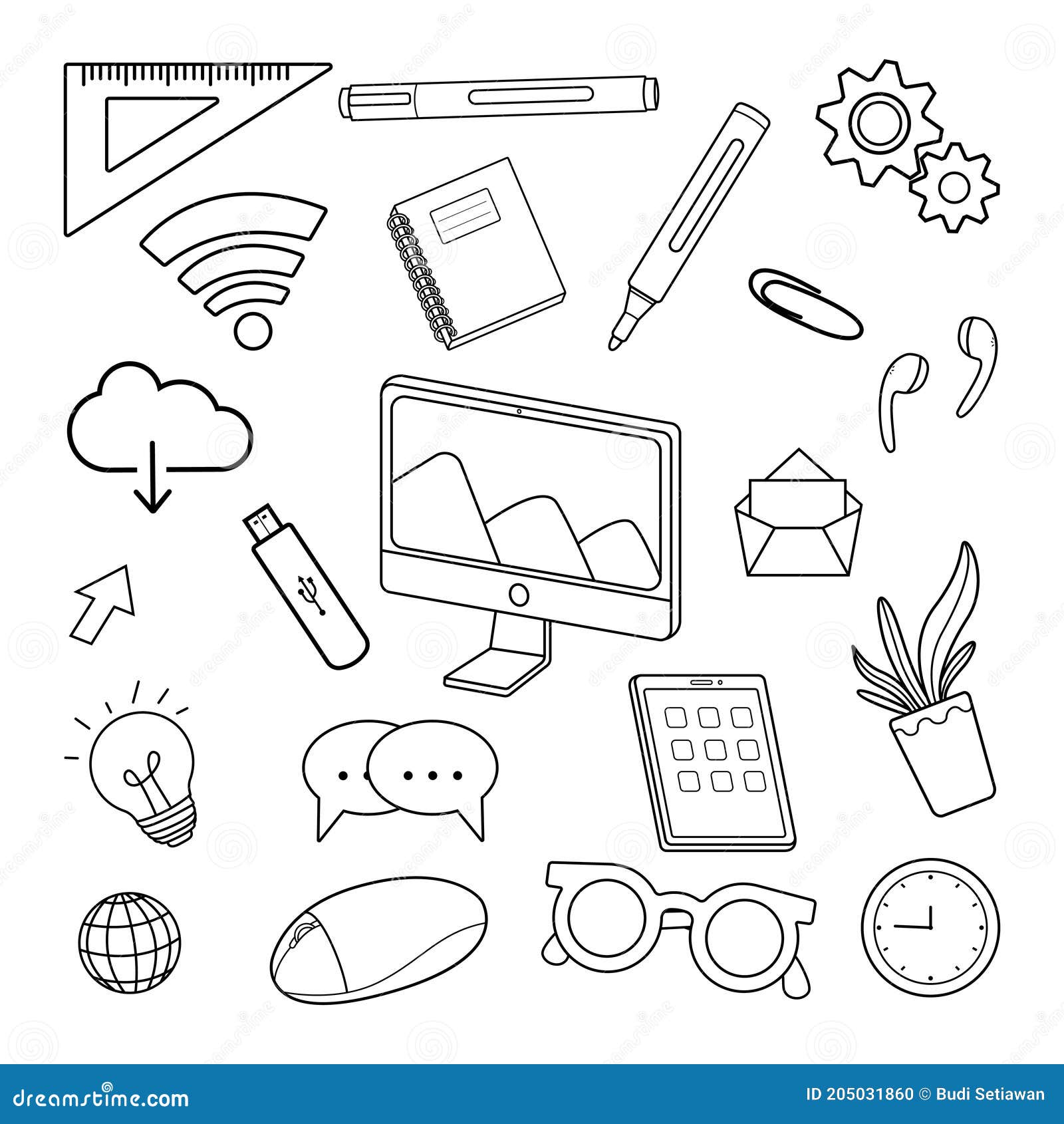 Hand Drawn Workplace Doodle Elements Stock Vector - Illustration of ...