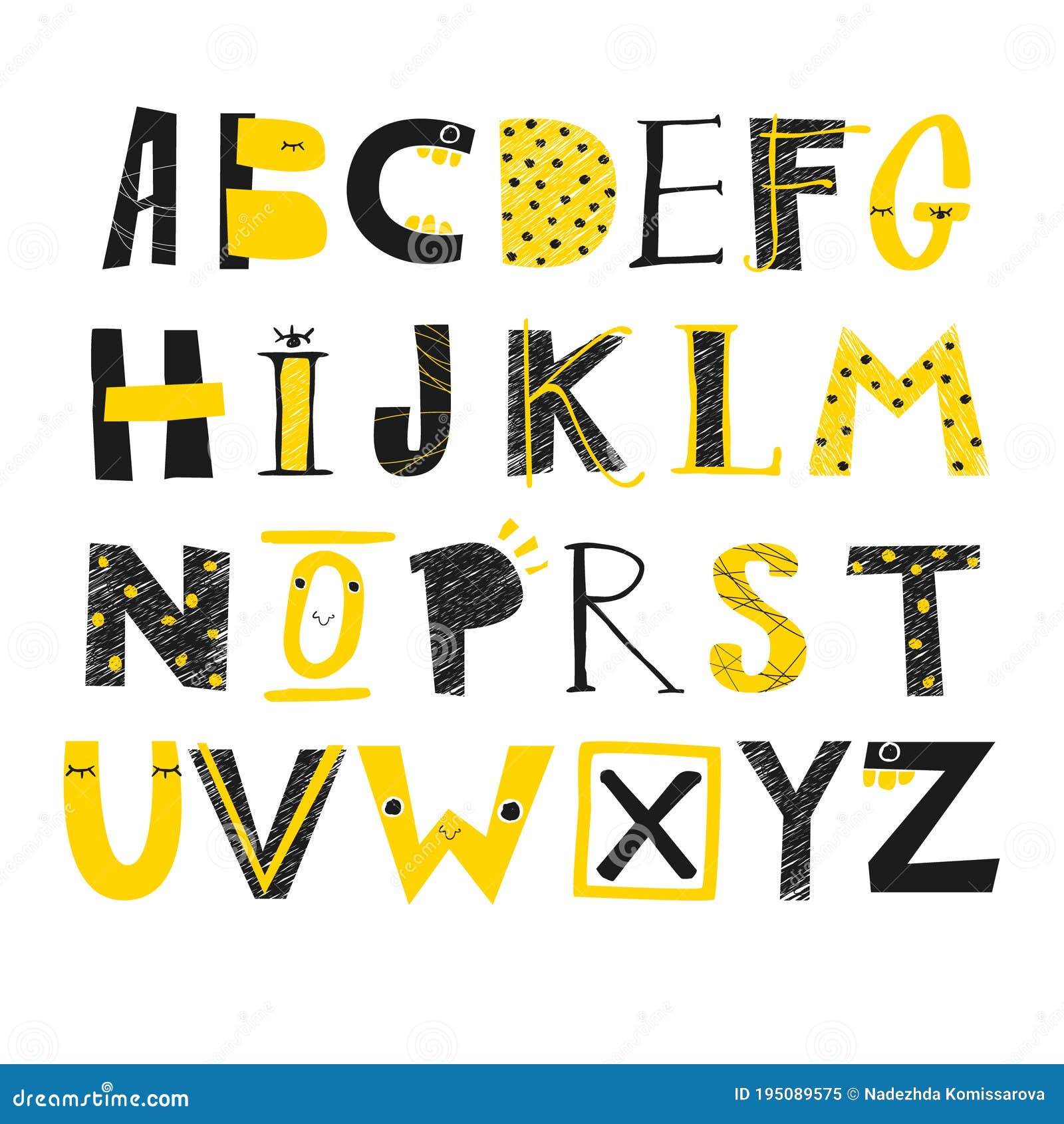 Hand-Drawn Yellow Alphabet. Funny Vector Illustration Stock Vector ...