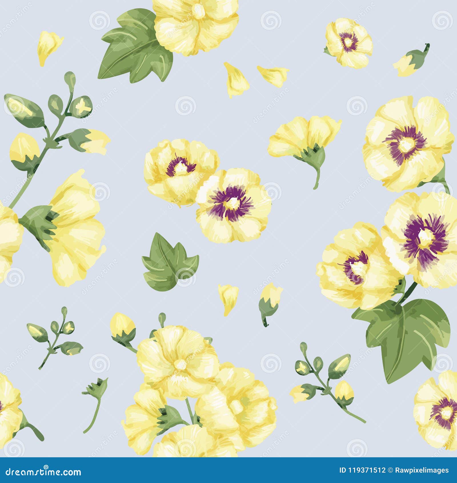 Hand Drawn Yellow Hollyhocks Pattern Stock Illustration - Illustration ...